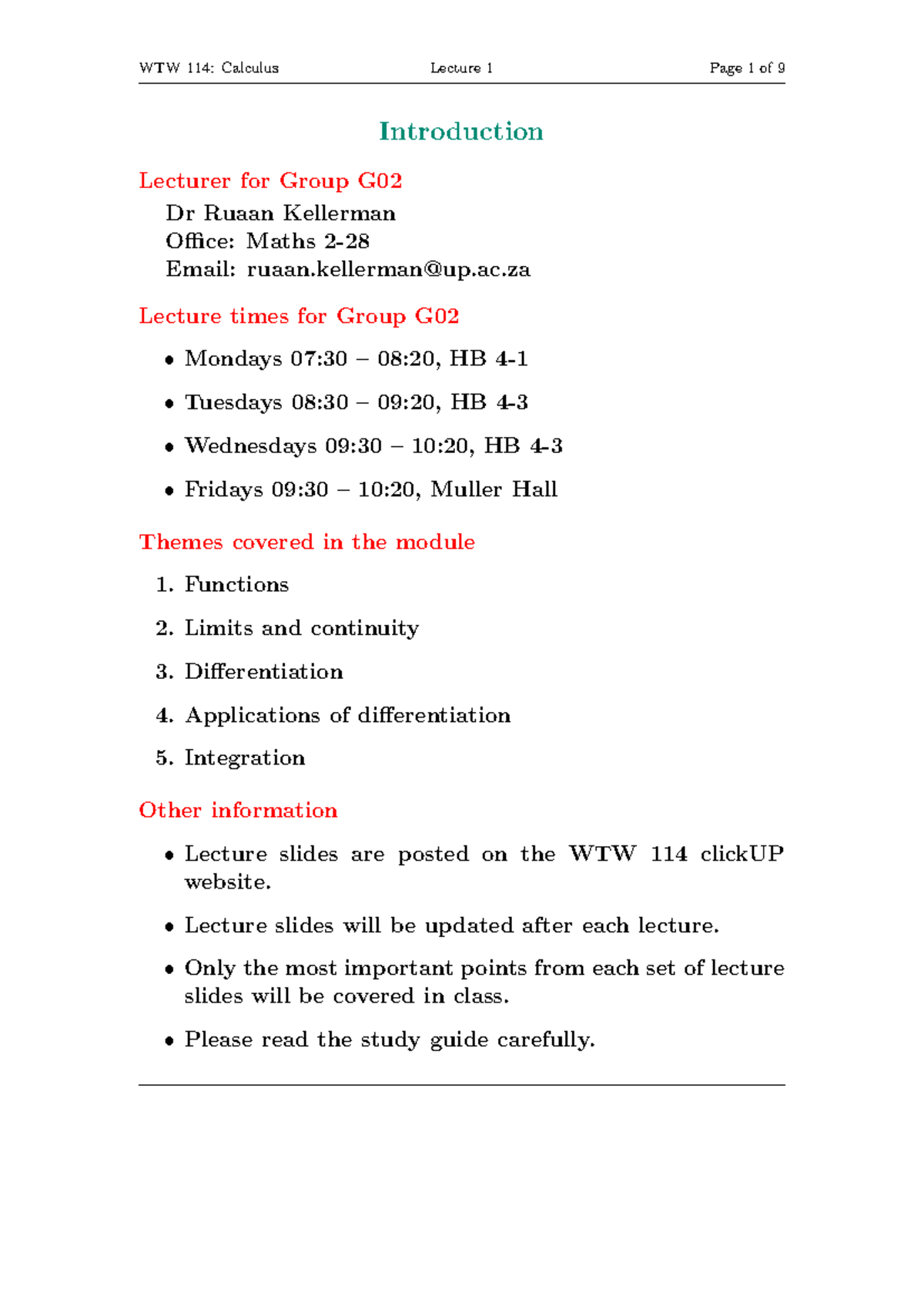 WTW 114 Lecture 01 (La Te X) - Introduction Lecturer for Group G Dr ...