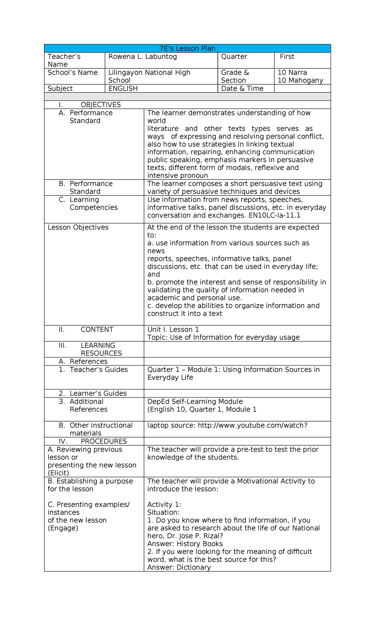 7Es- English-10 - Lesson Plan - 7E’s Lesson Plan Teacher’s Name Rowena ...