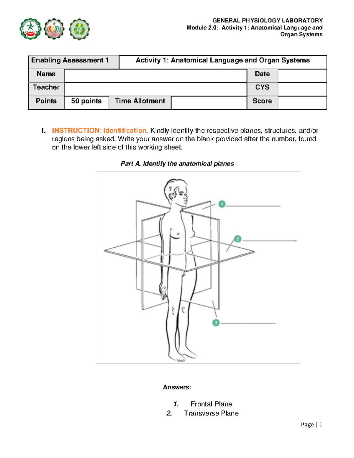 Physio Lab Anatomical Language and Organ Systems - General Physiology ...