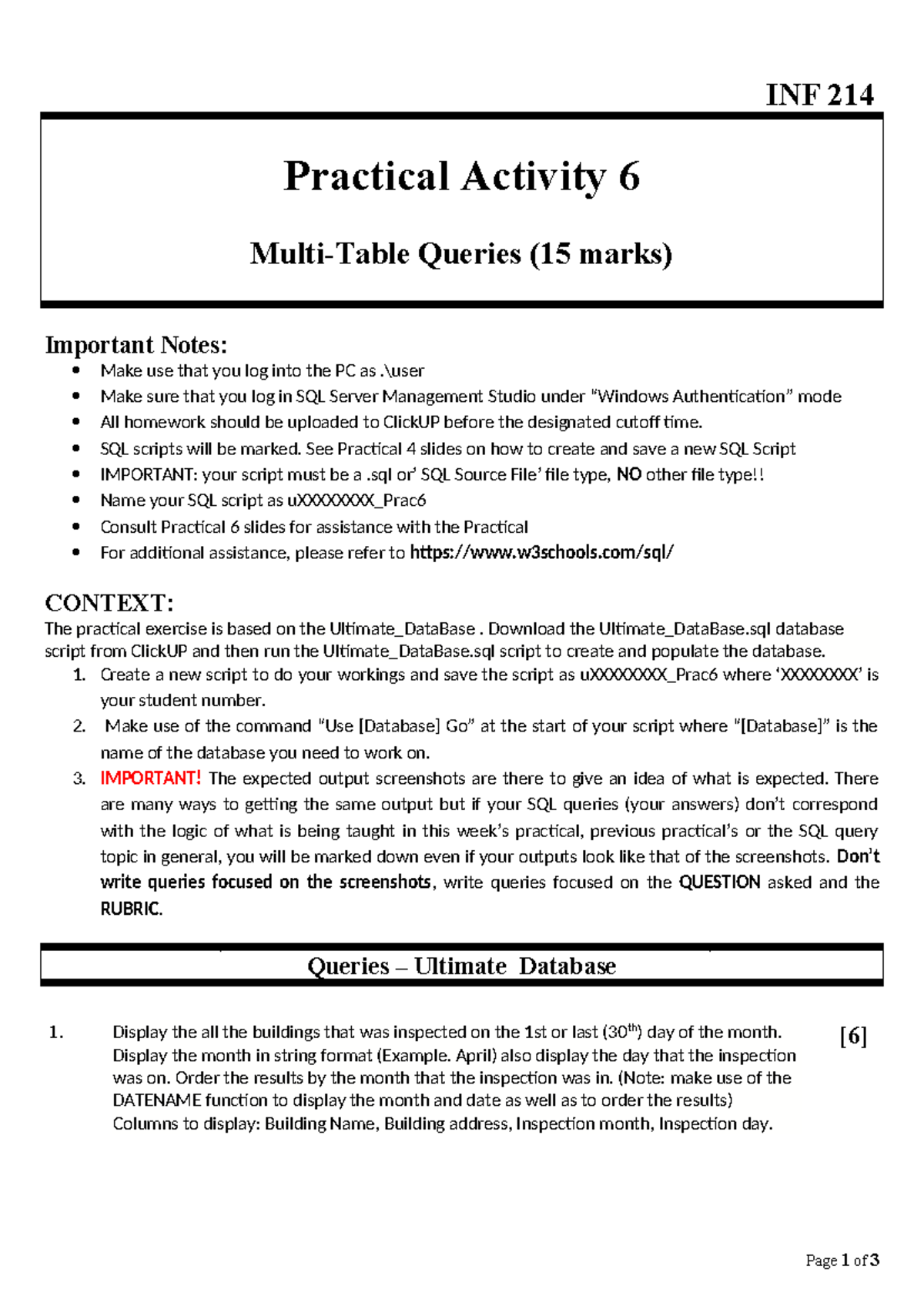 Practical Activity 6 - INF 214 Practical Activity 6 Multi-Table Queries (15 marks) Important ...