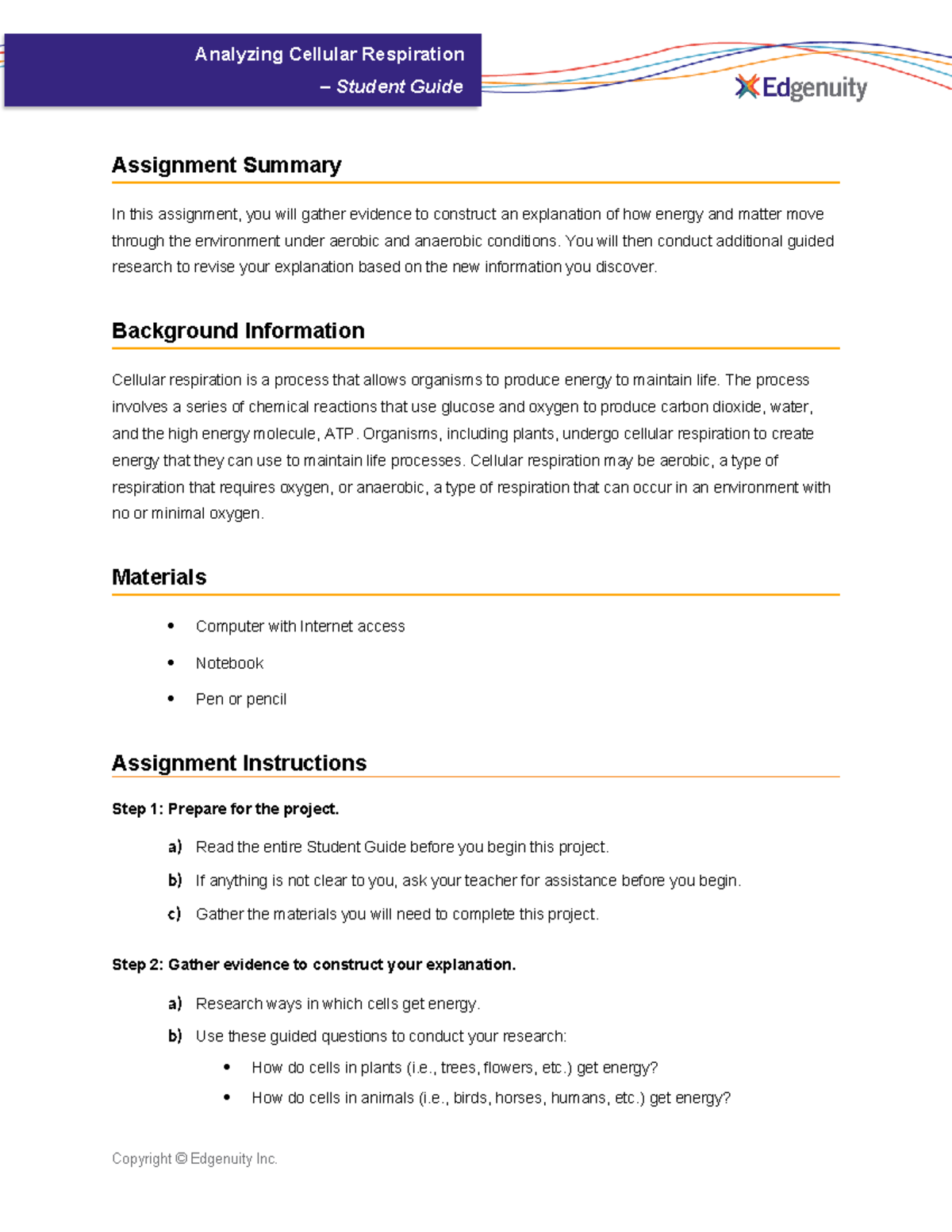 Analyzing Cellular Respiration Student Guide - Analyzing Cellular ...