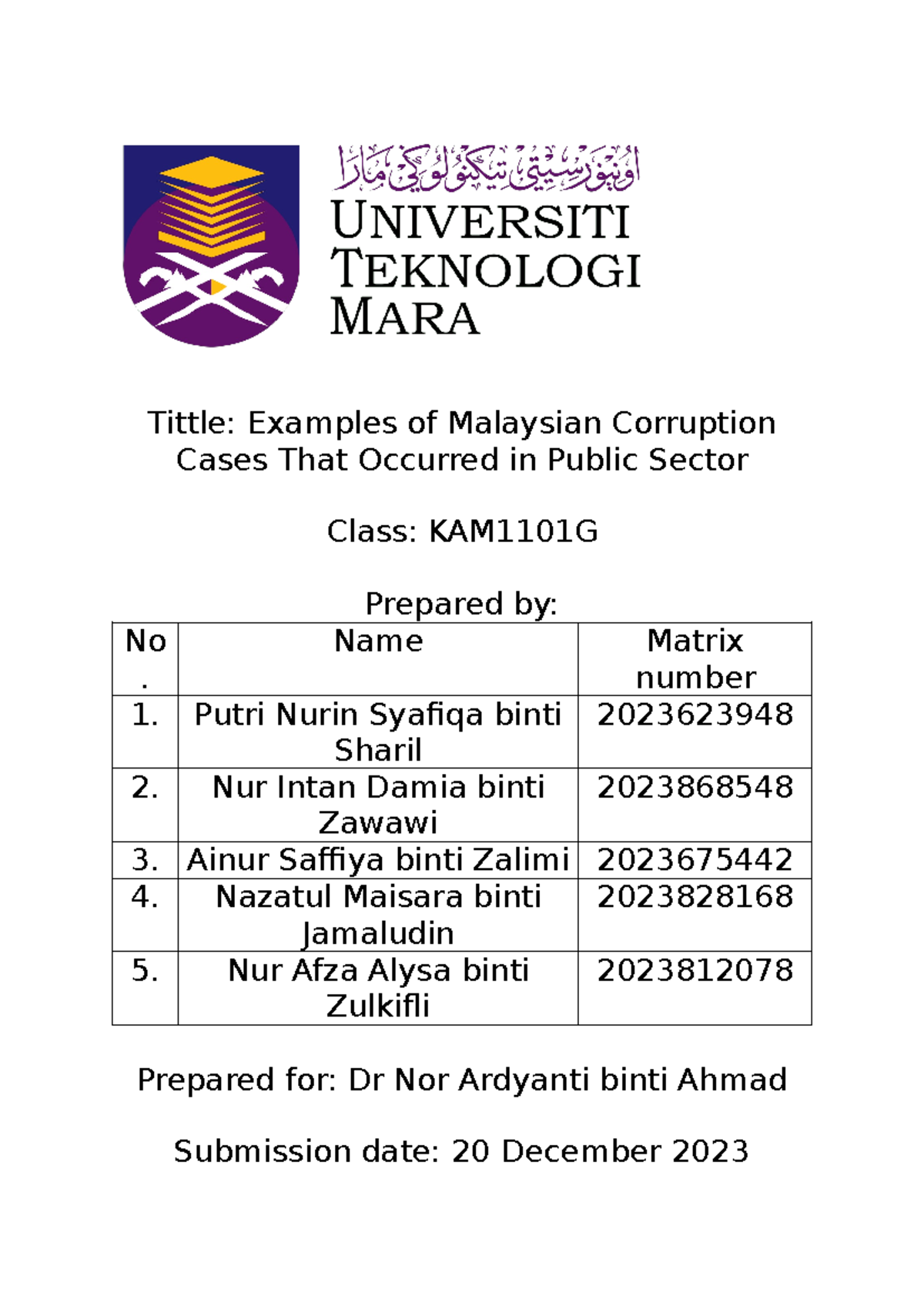 Pad 102 - Tittle: Examples of Malaysian Corruption Cases That Occurred in Public Sector Class ...
