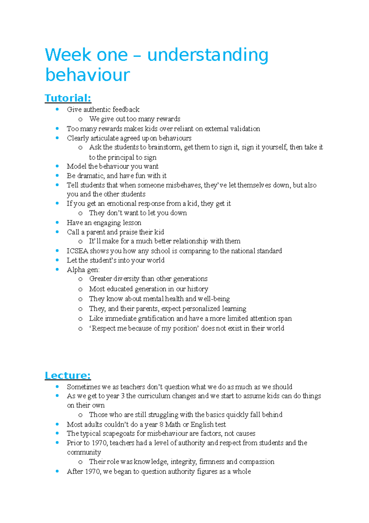 Week 1 - Lecture notes with Dr Ray Handley and tutorial notes with Ian ...
