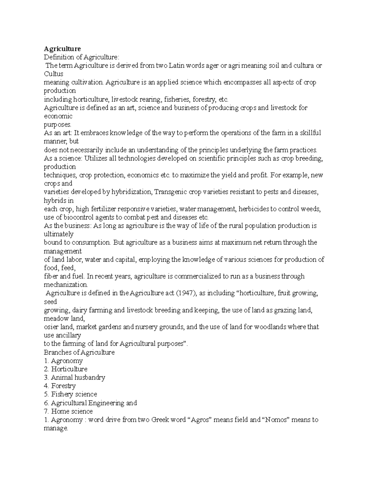 Agriculture - Agriculture is an applied science which encompasses all ...