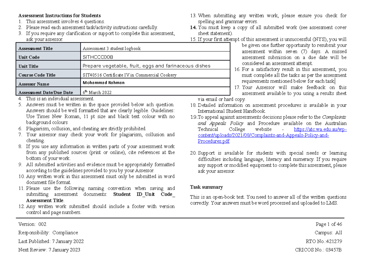 Assessment 3 student logbook - Assessment Instructions for Students 1 ...