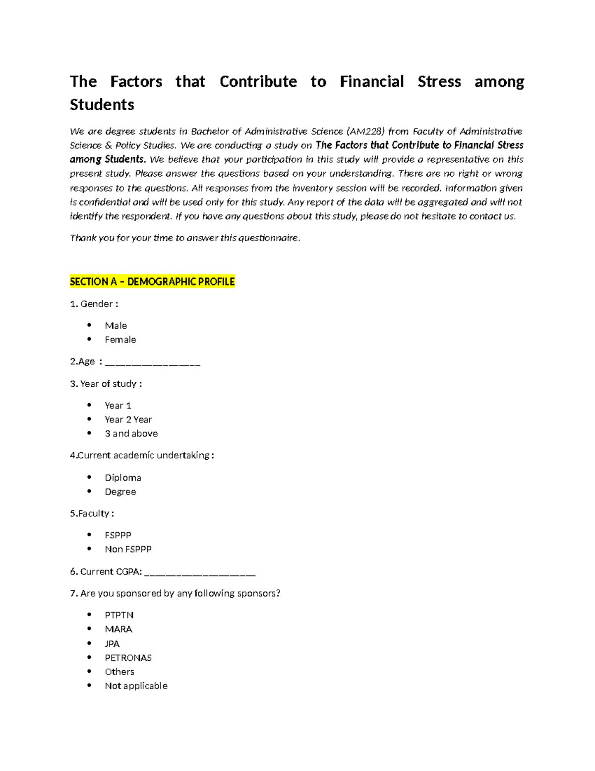 Questionnaire KAM2385C - The Factors that Contribute to Financial ...