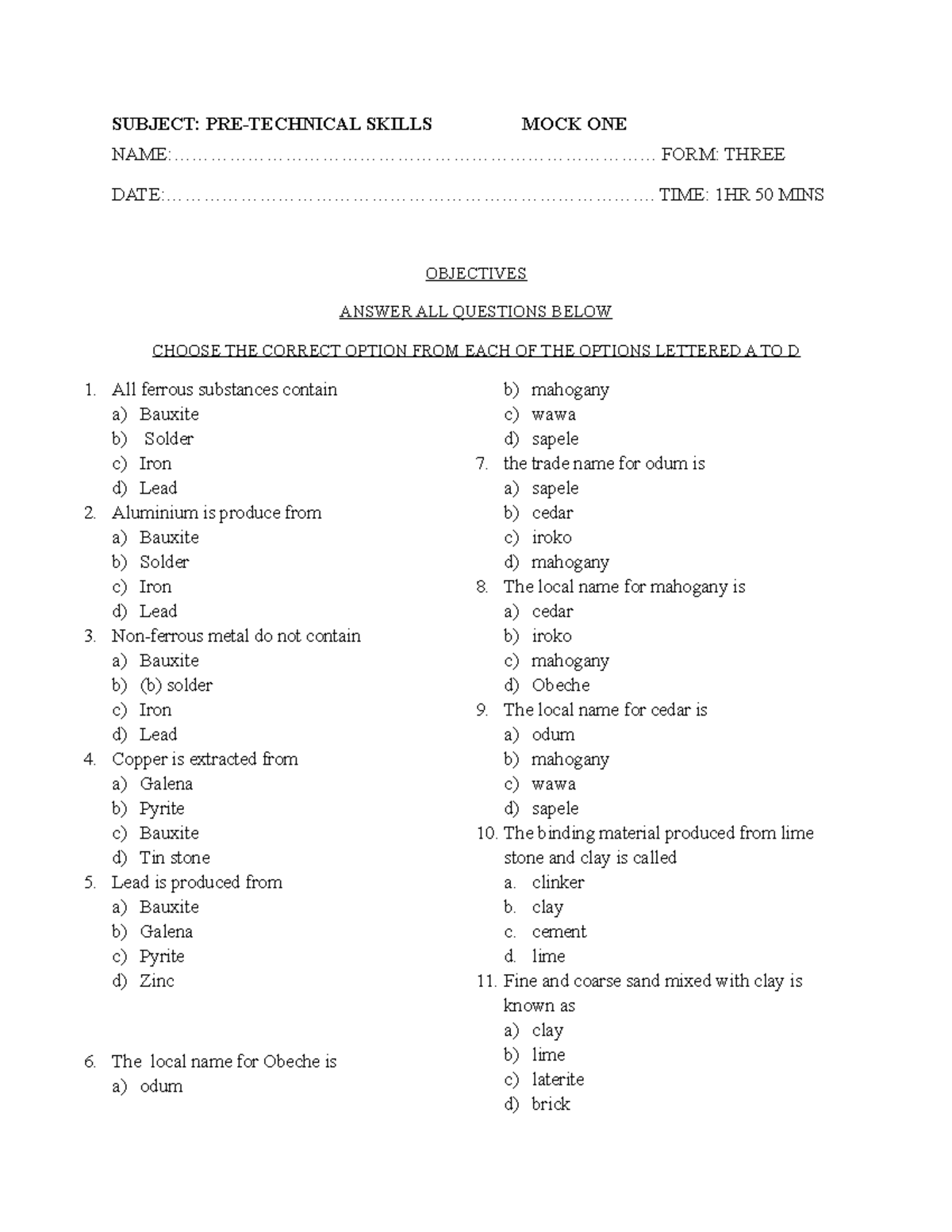 Basic Design and Technology Mock Questions - SUBJECT: PRE-TECHNICAL ...