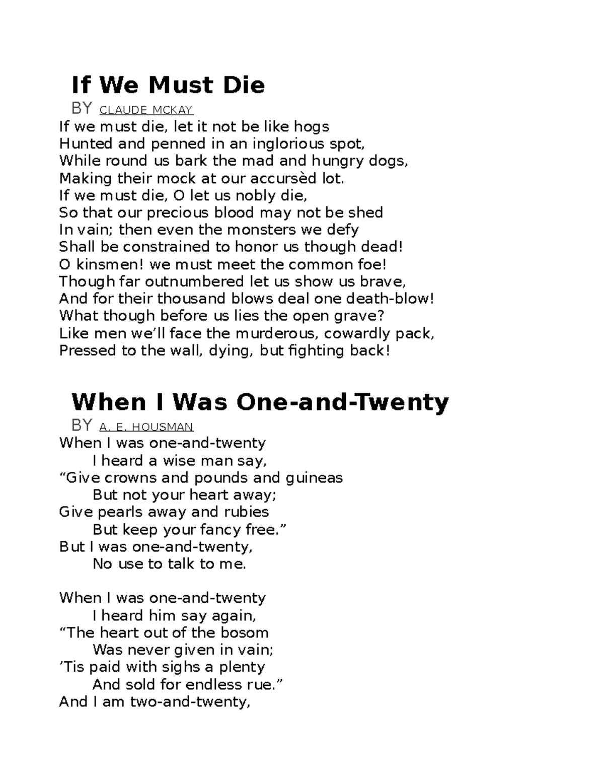 English-second-Q-reviewer - If We Must Die BY C L A UD E M CKAY If we ...