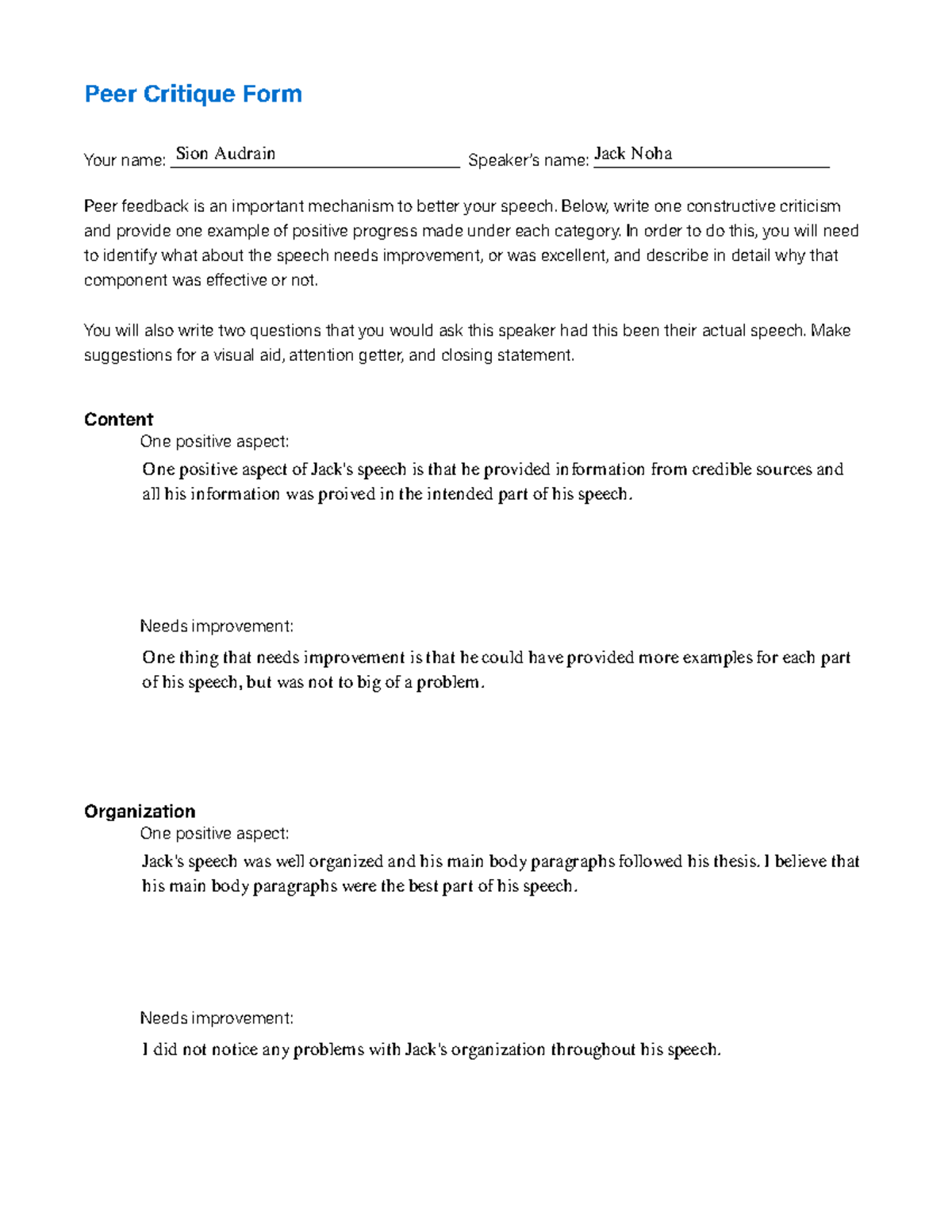 speech peer critque - Peer Critique Form Your name: Speaker’s name ...