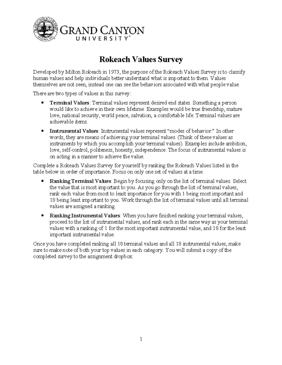 MGT-410-RS1-Rokeach Values Survey - Rokeach Values Survey Developed by ...