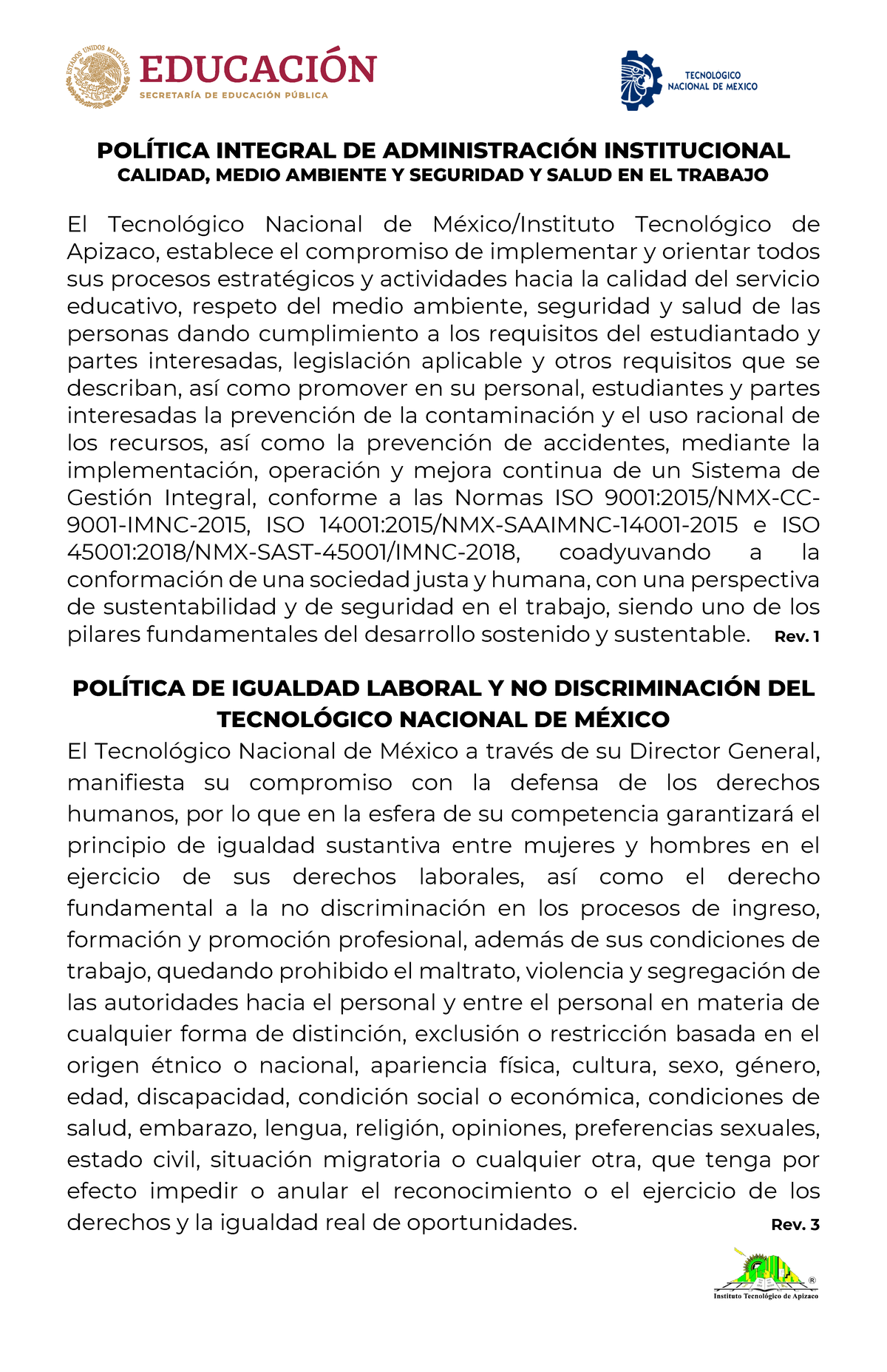 Tec NM-ITApizaco Politica Gestion Inst - POLÕTICA INTEGRAL DE ...