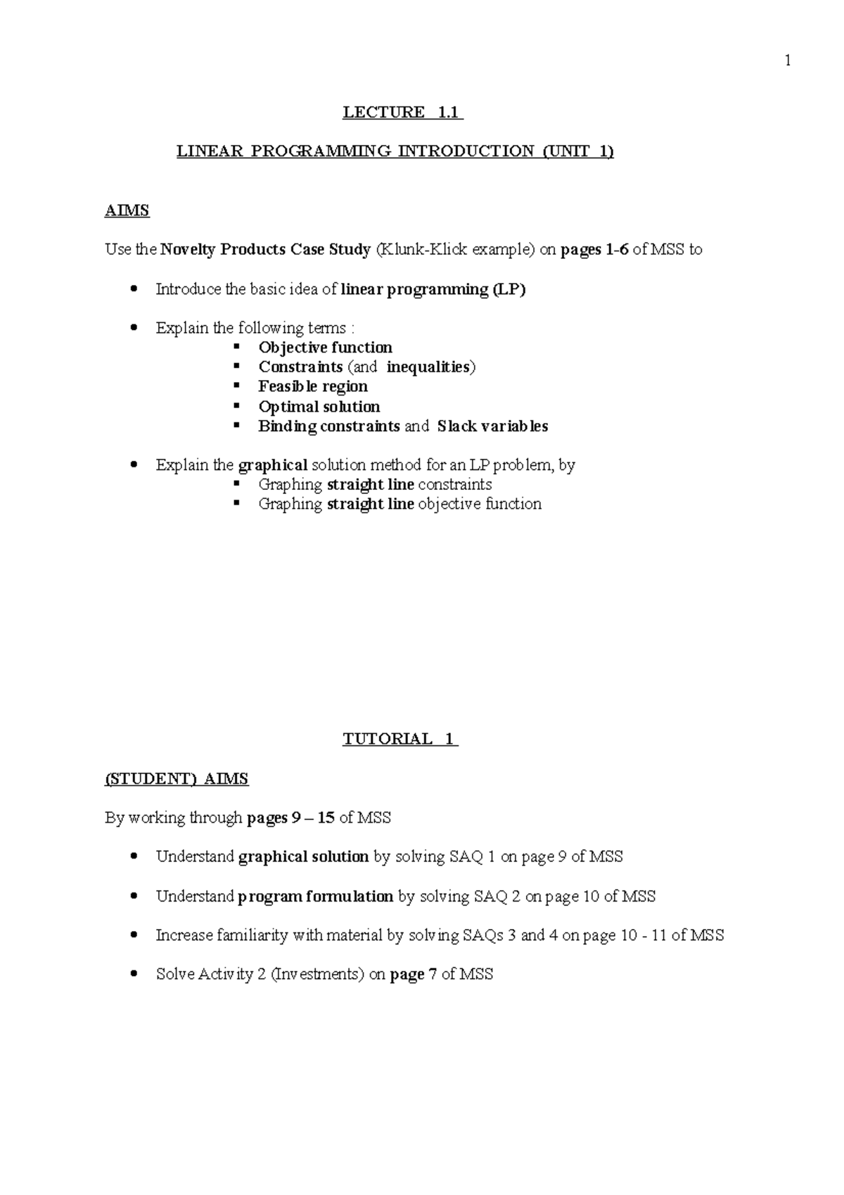 Aims1 1 - Week 1 - LECTURE 1. LINEAR PROGRAMMING INTRODUCTION (UNIT 1 ...