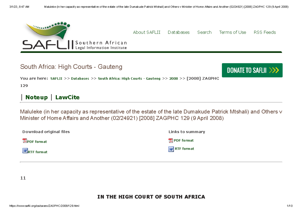 Maluleke (in her capacity as representative of the estate of the late ...