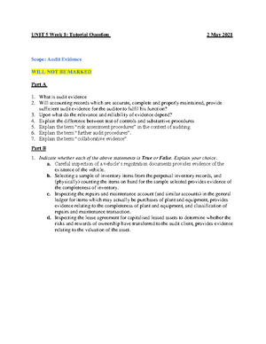Unit 5 - Week 1 Practice Question - Audit Evidence - AIC22A UNIT 5 ...