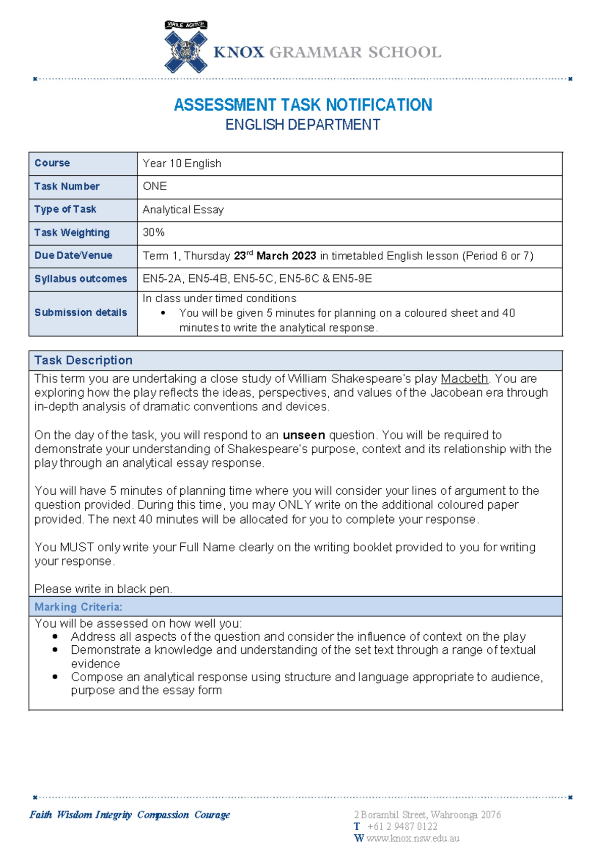 2023English Year 10AT1Notification - ASSESSMENT TASK NOTIFICATION ...