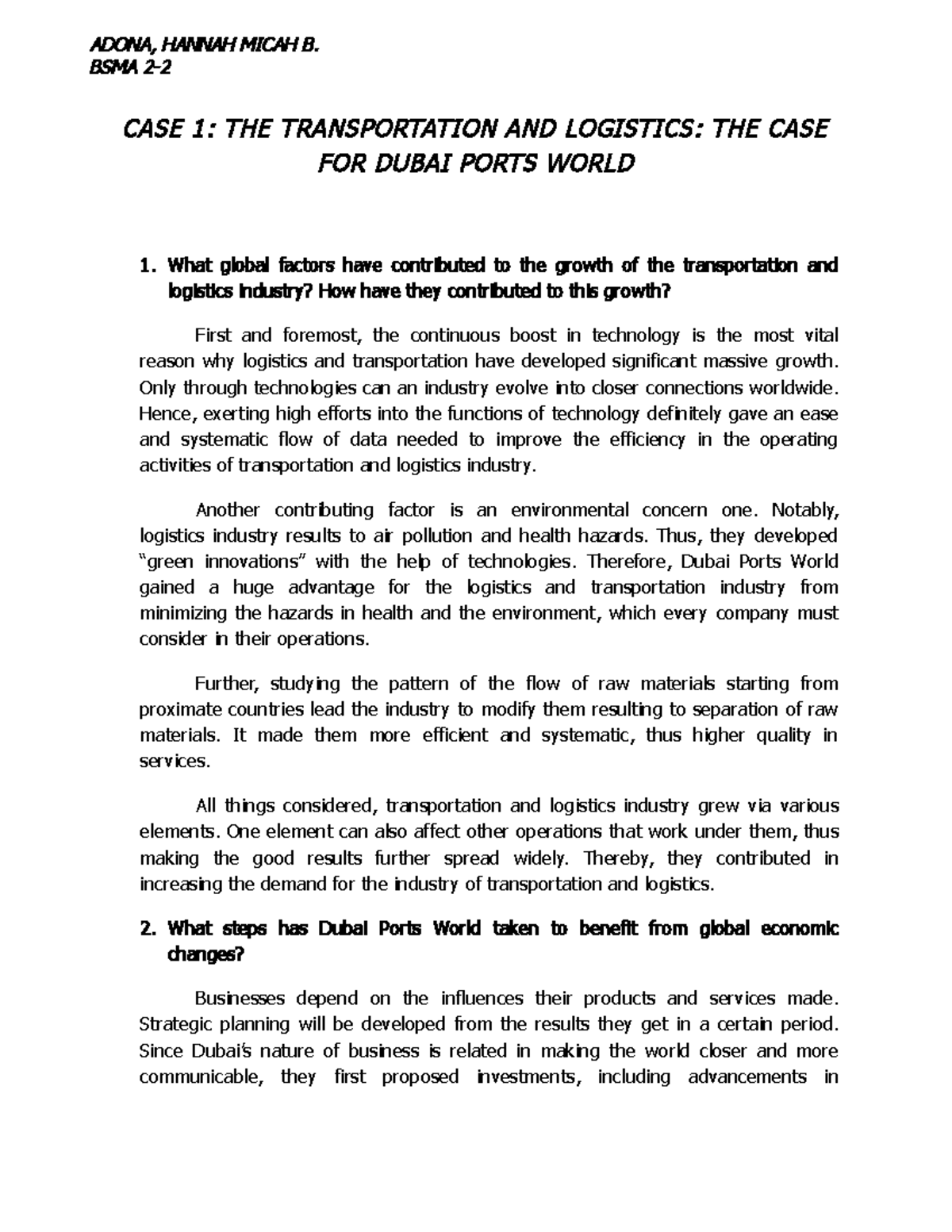 International Trade - CASE 1 : THE TRANSPORTATION AND LOGISTICS: THE ...