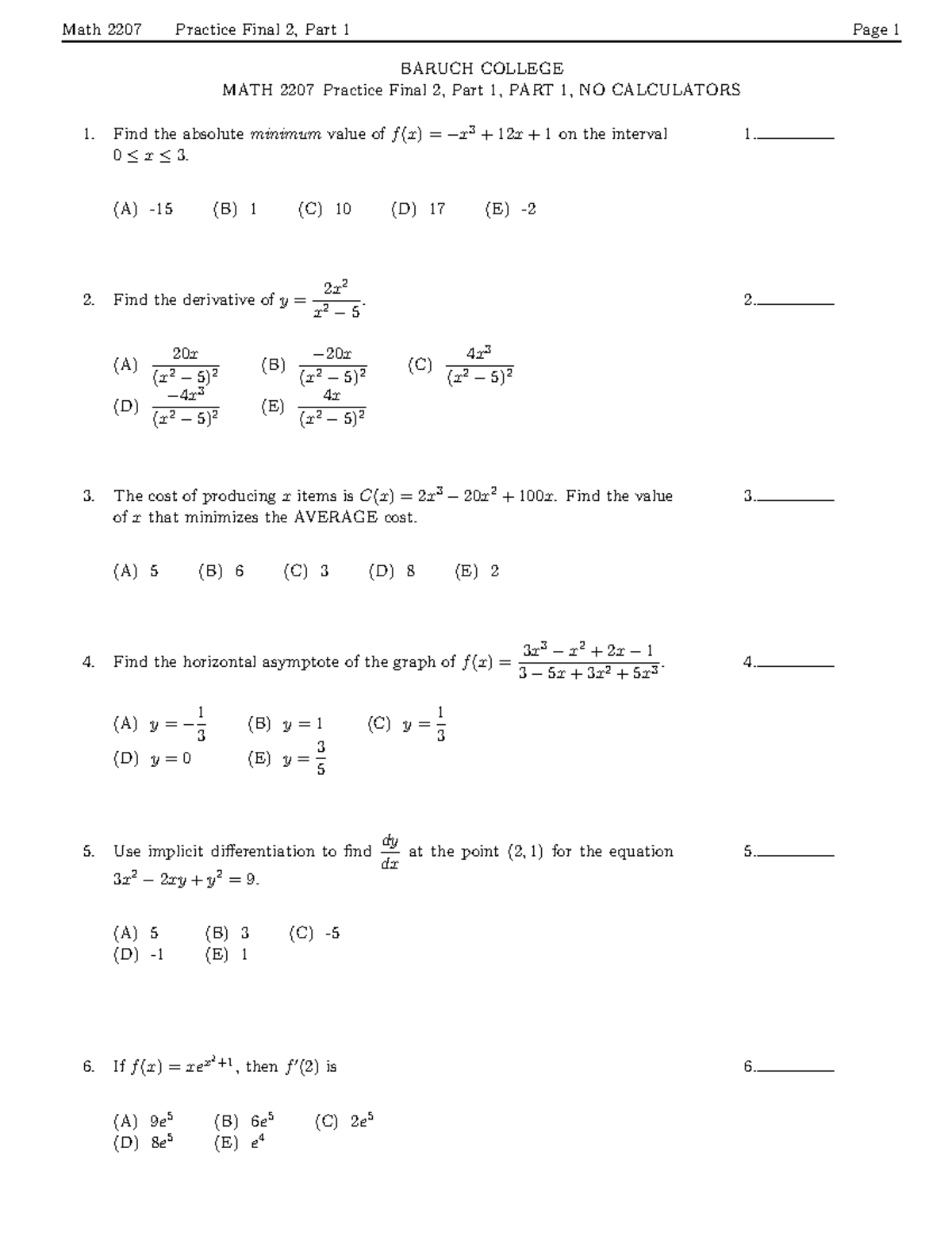 2207New Practice 2 179 - MTH - BARUCH COLLEGE MATH 2207 Practice Final ...