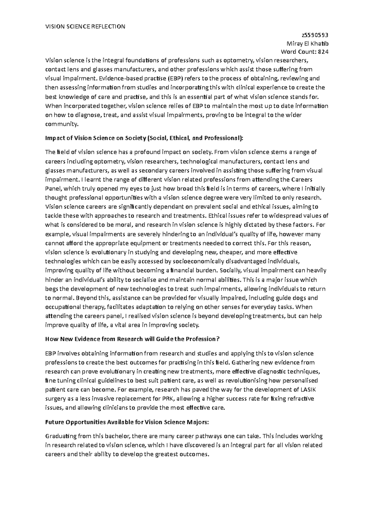 Vision Science Reflection - VISION SCIENCE REFLECTION z 5590593 Miray ...