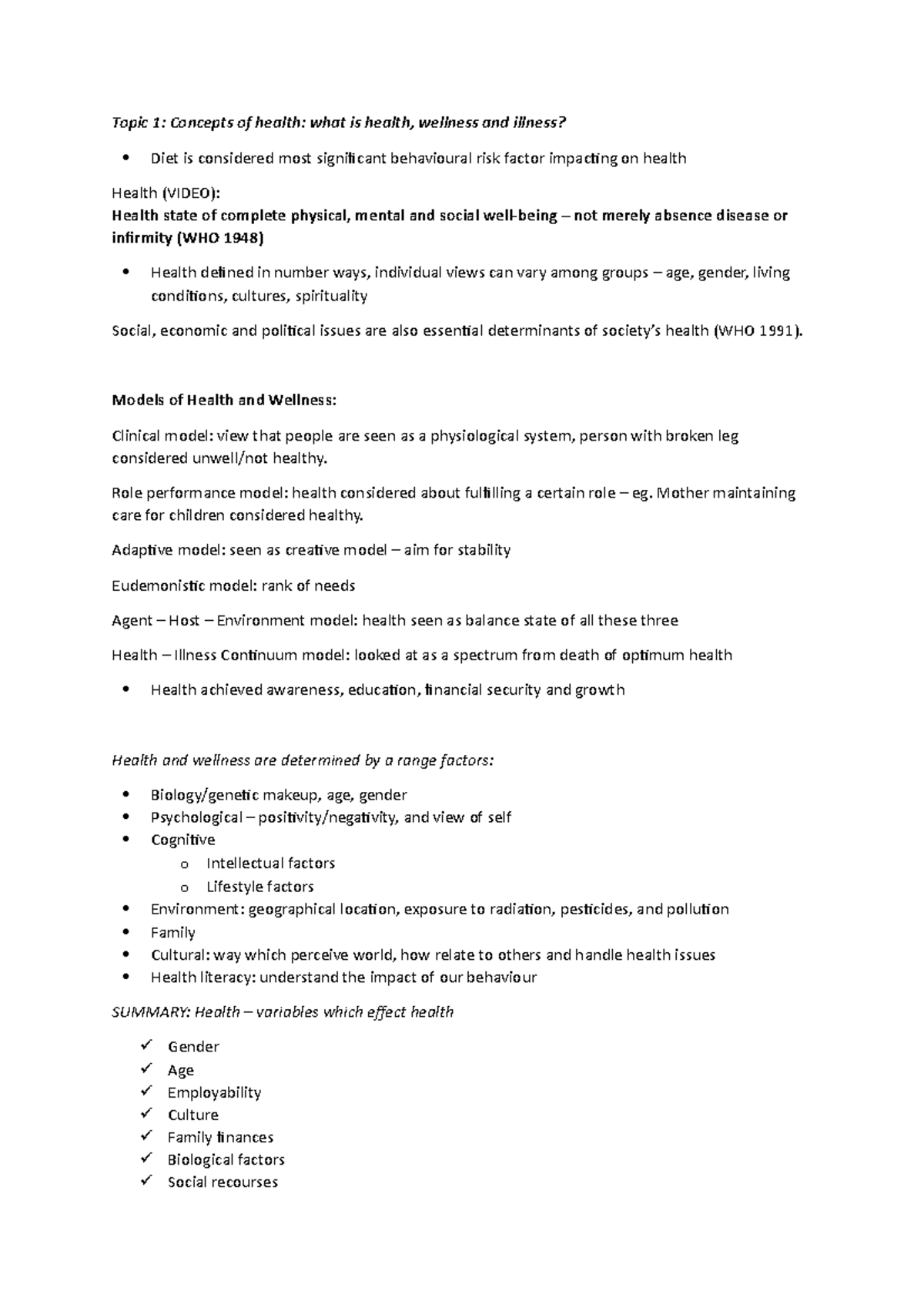 NRS113 T1 2 - Lecture notes Topic 1: Concepts of Health - Topic 1 ...