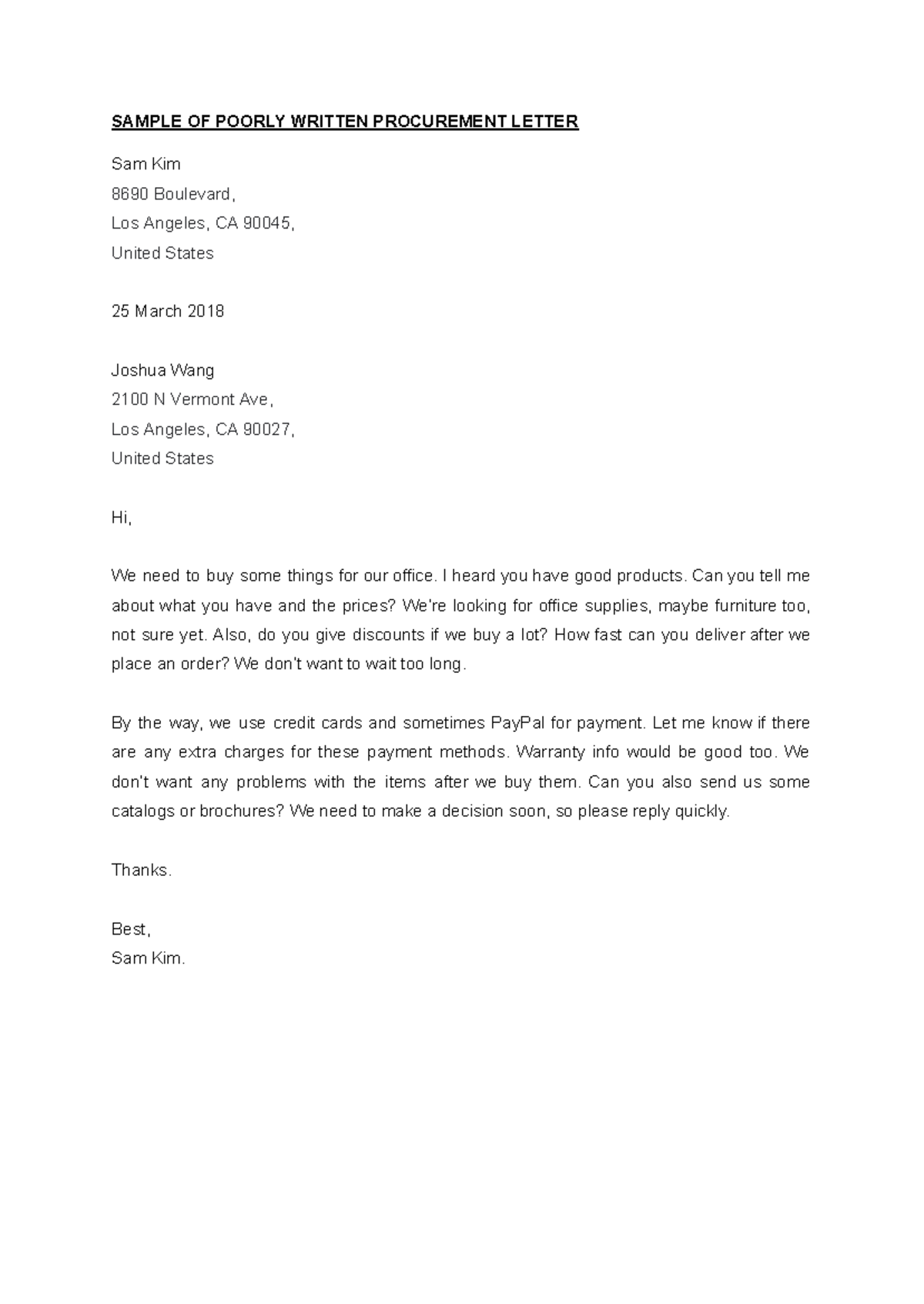 Poorly Written Procurement Letter - SAMPLE OF POORLY WRITTEN ...