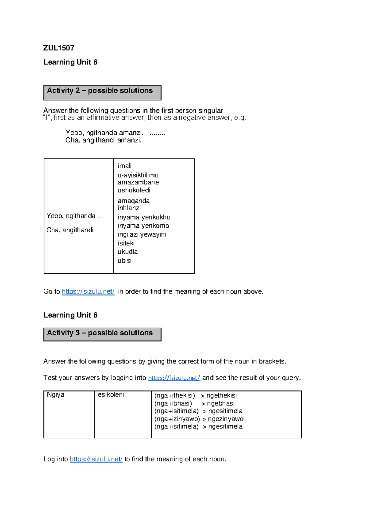 ZUL1507 Learning Unit 6 Activities and Solutions - ZUL Learning Unit 6 Activity 2 – possible ...