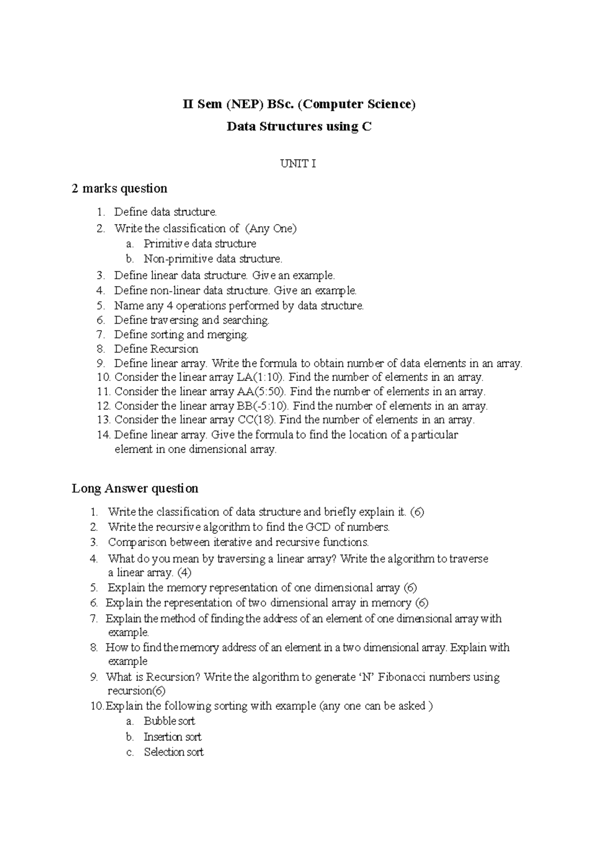 Bsc Ds Qb Data Structure Ii Sem Nep Bsc Computer Science Data Structures Using C Unit I 0206