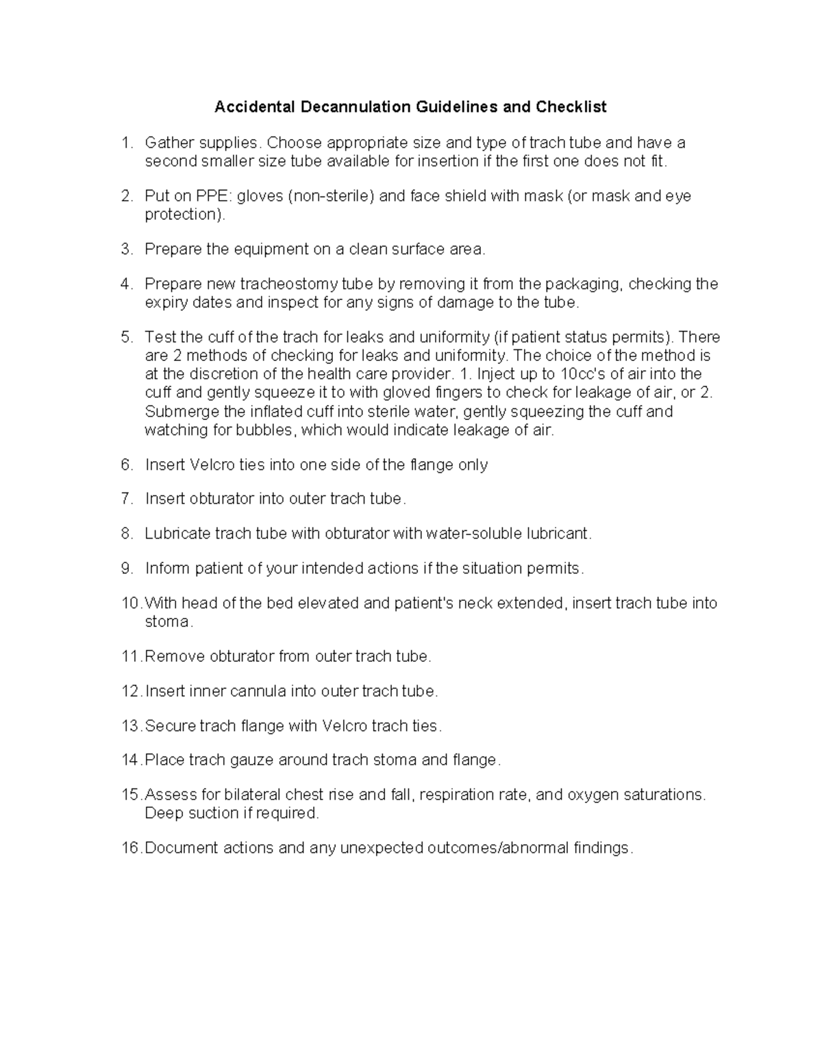 Week 4 - Checklist - Accidental Decanulation - Accidental Decannulation ...