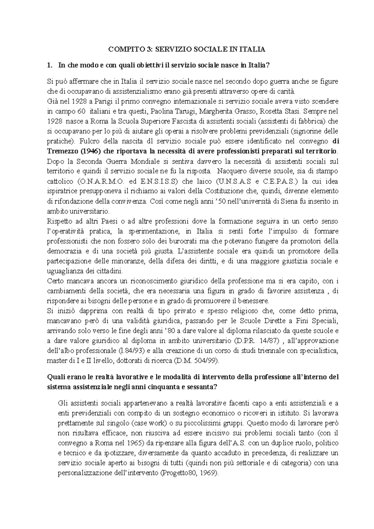 Compito 3 - sintesi servizio sociale in Italia - COMPITO 3: SERVIZIO ...