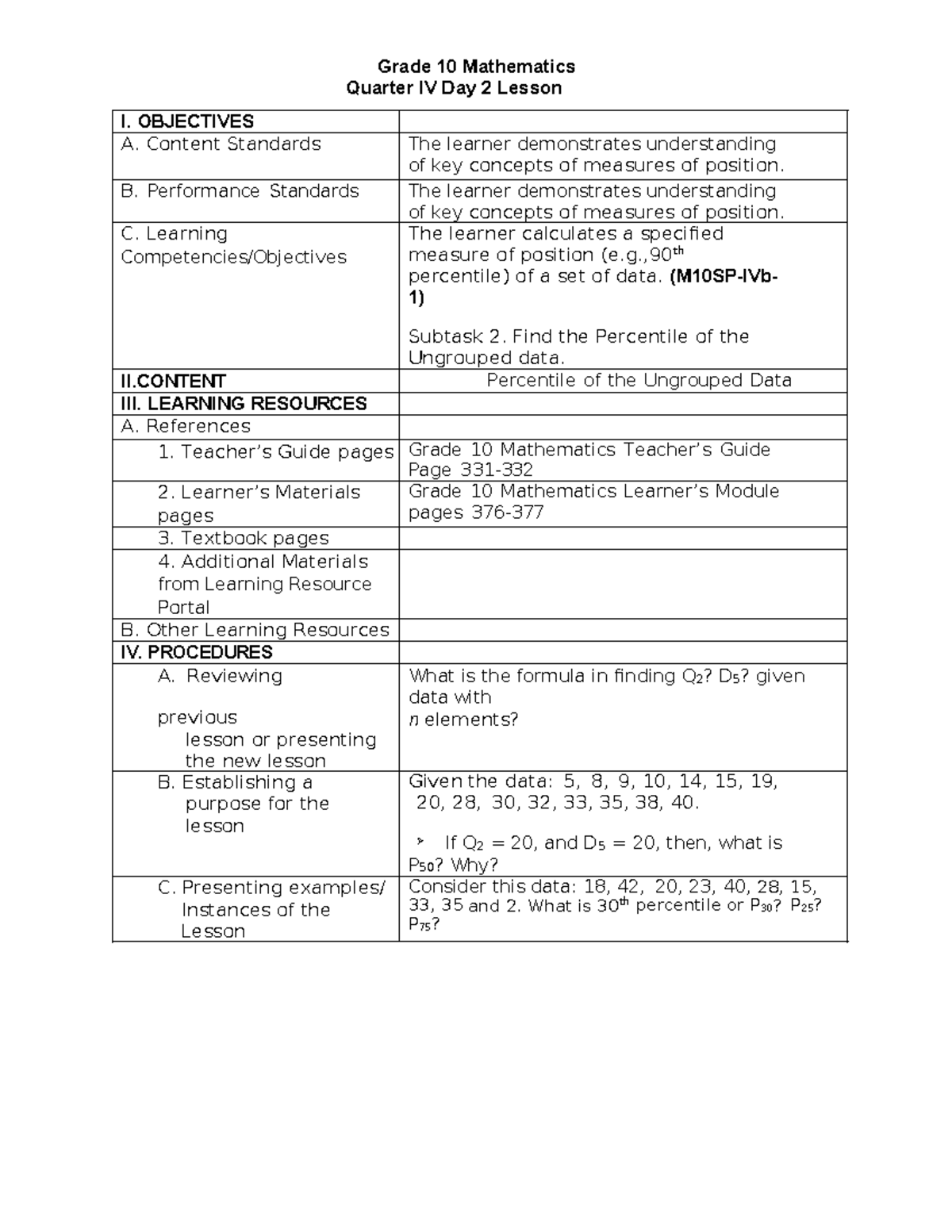 LPD2 Finall - qcd cq - Quarter IV Day 2 Lesson Plan I. OBJECTIVES A ...