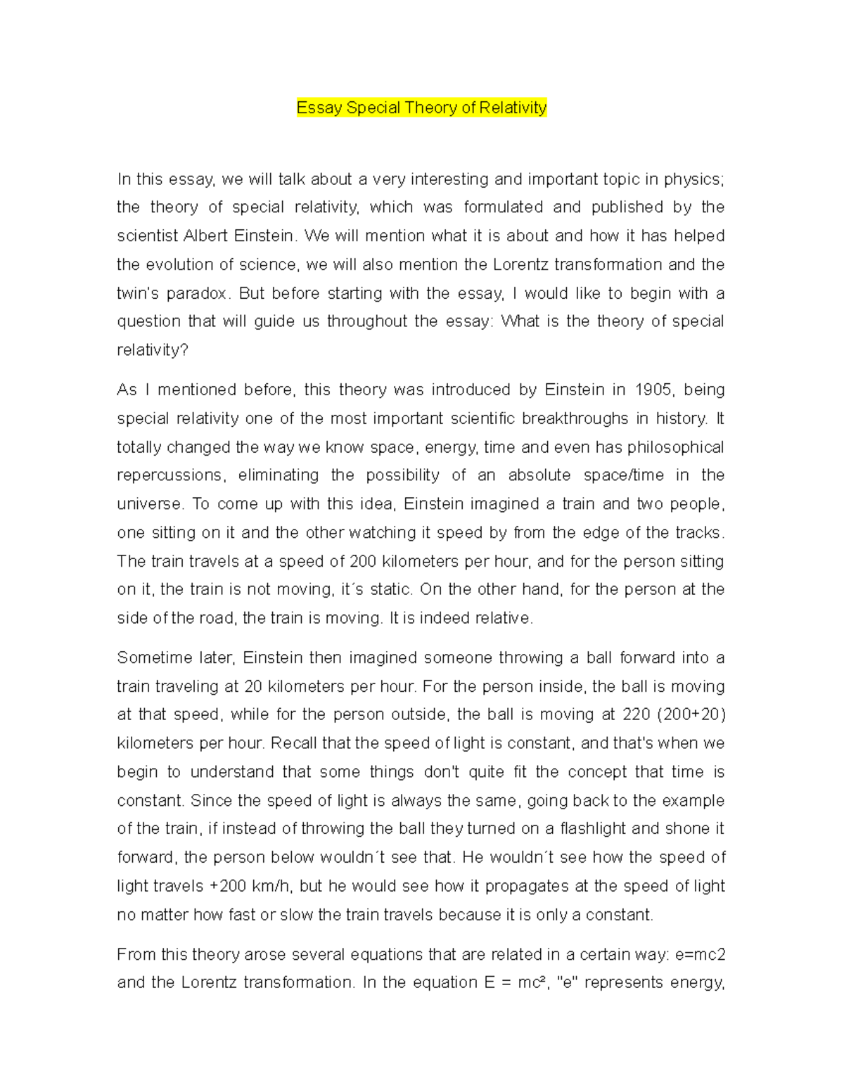 Essay special theory of R. Matter AND Energyii - Essay Special Theory ...