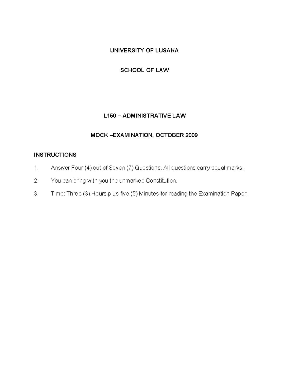Administrative Law Mock Examination - UNIVERSITY OF LUSAKA SCHOOL OF ...