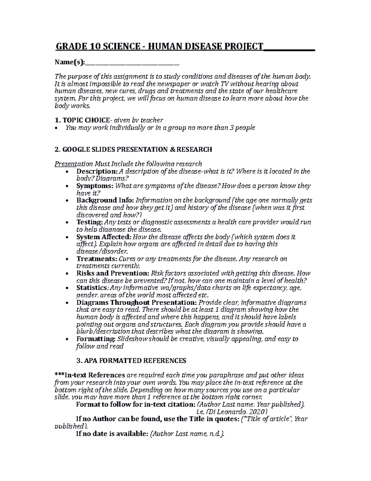 SNC2D Human Disease wawa Project 2021 2022 - GRADE 10 SCIENCE - HUMAN ...