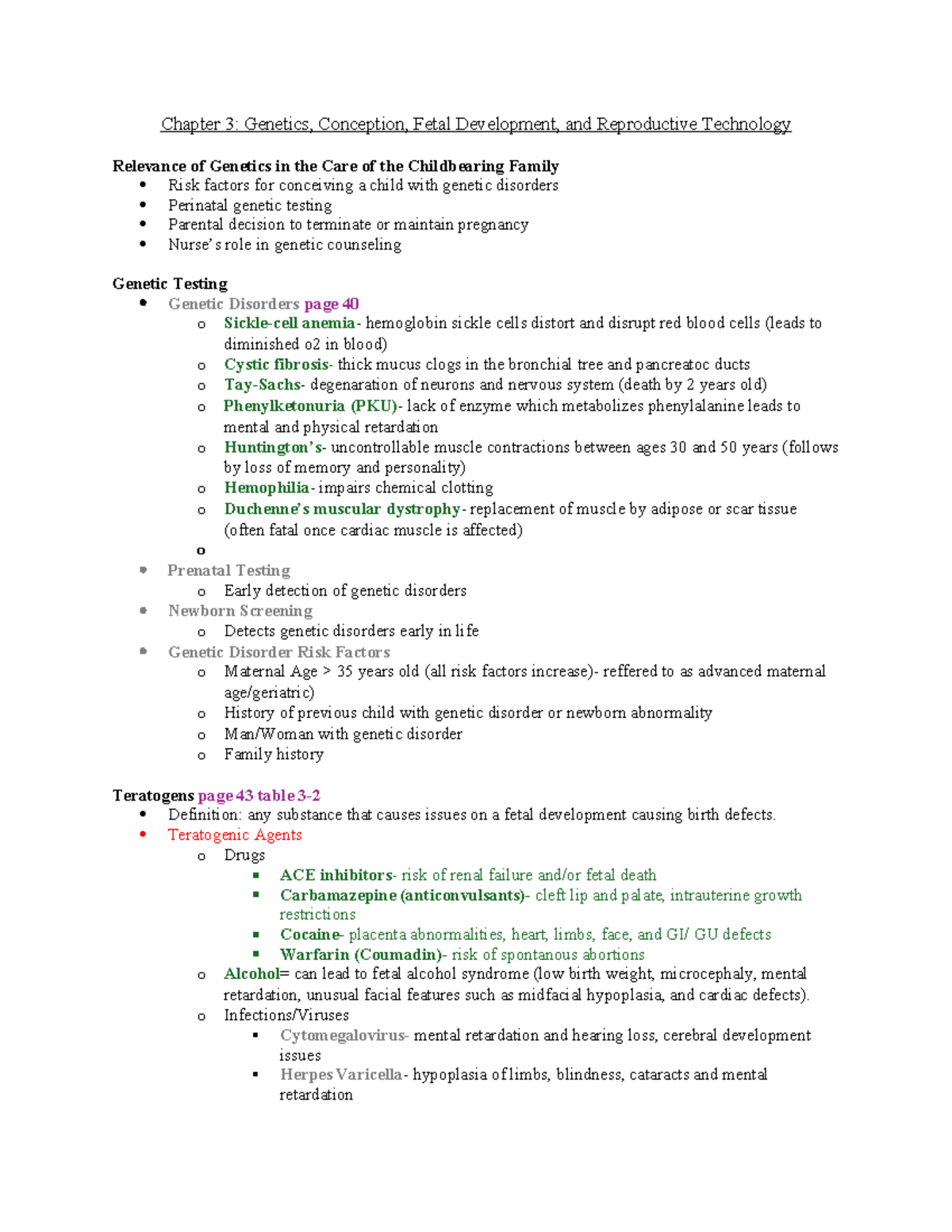 Chapter 3 Notes - Chapter 3: Genetics, Conception, Fetal Development ...
