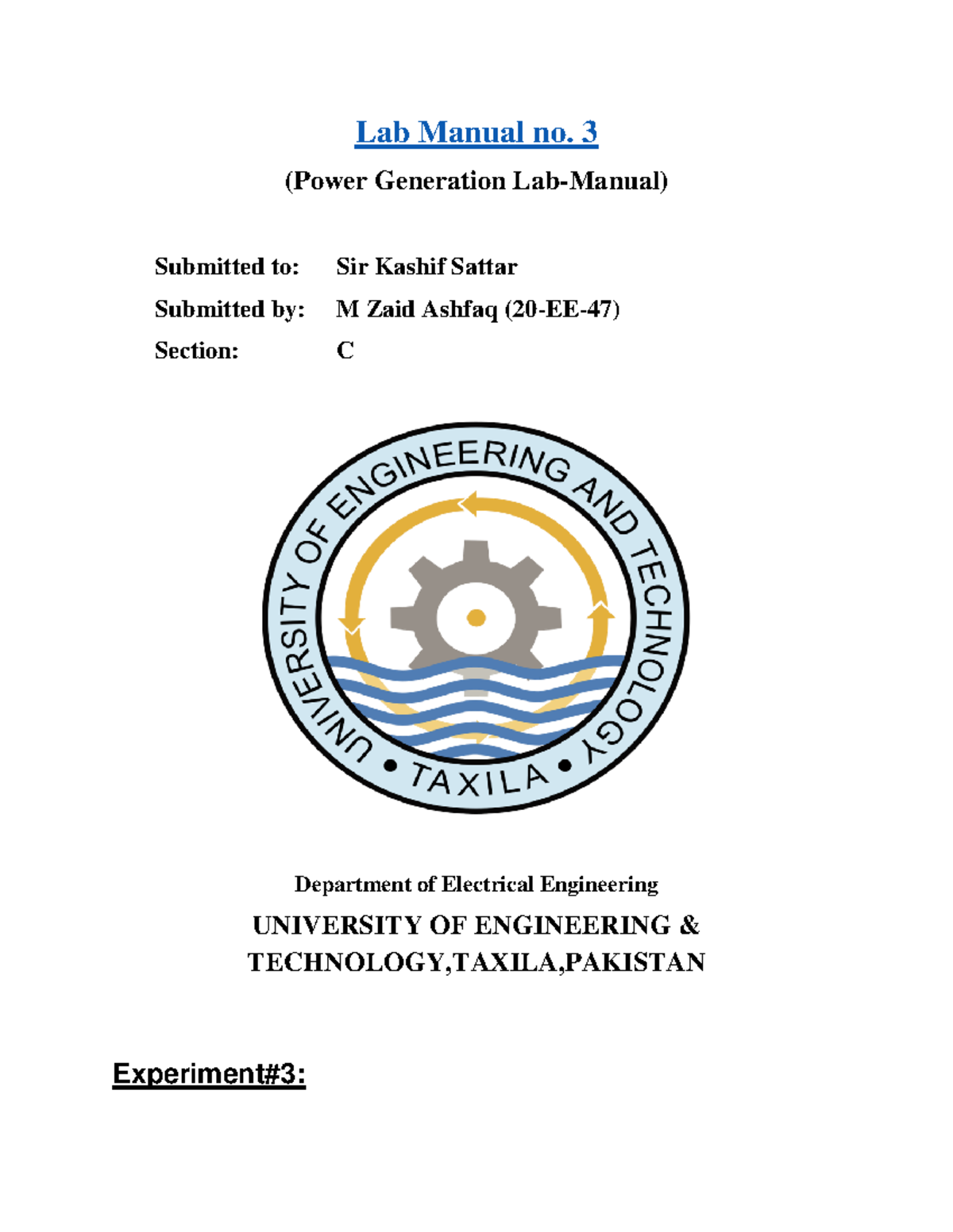 Power Generation Lab 03 - Lab Manual no. 3 (Power Generation Lab-Manual) Submitted to: Sir ...
