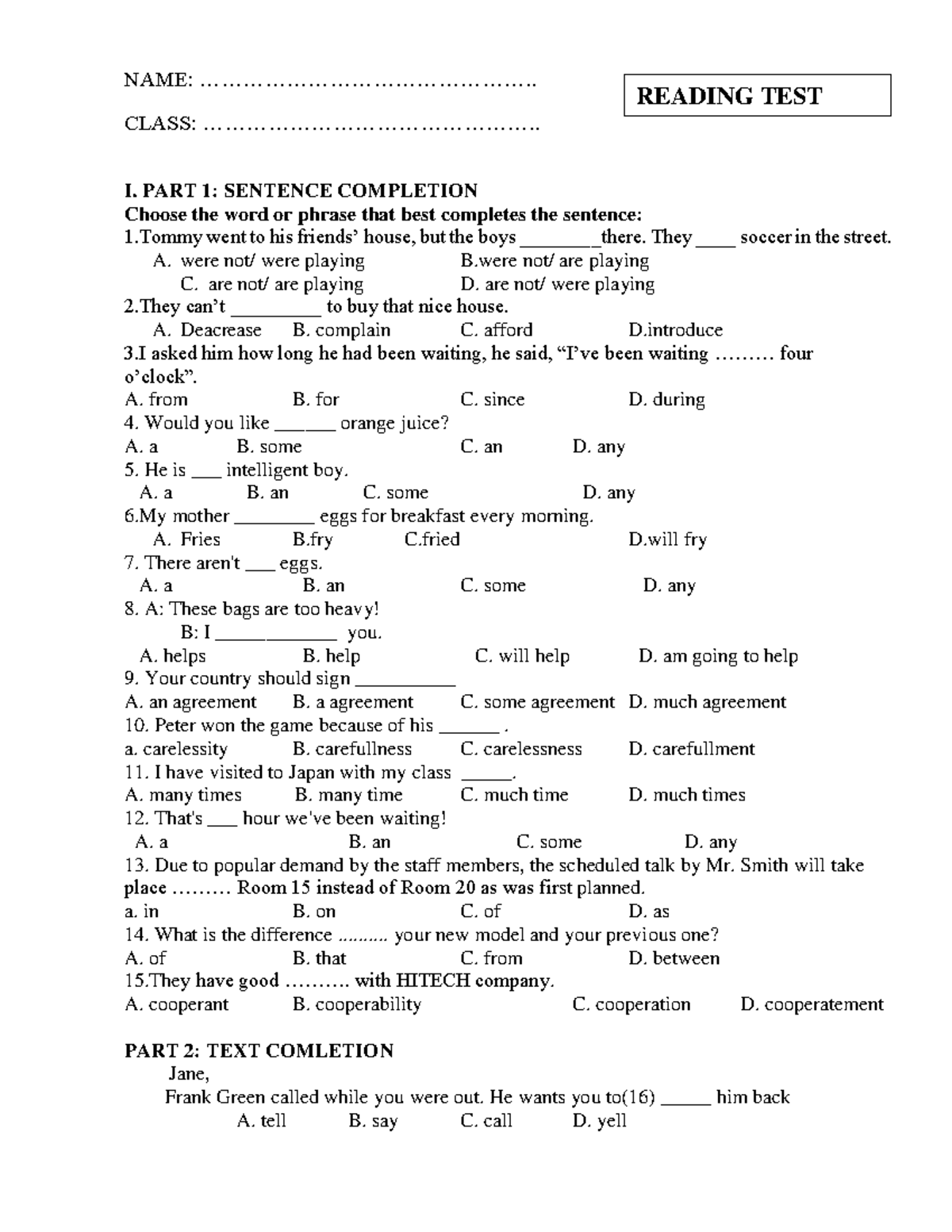 Reading TEST - NAME ...