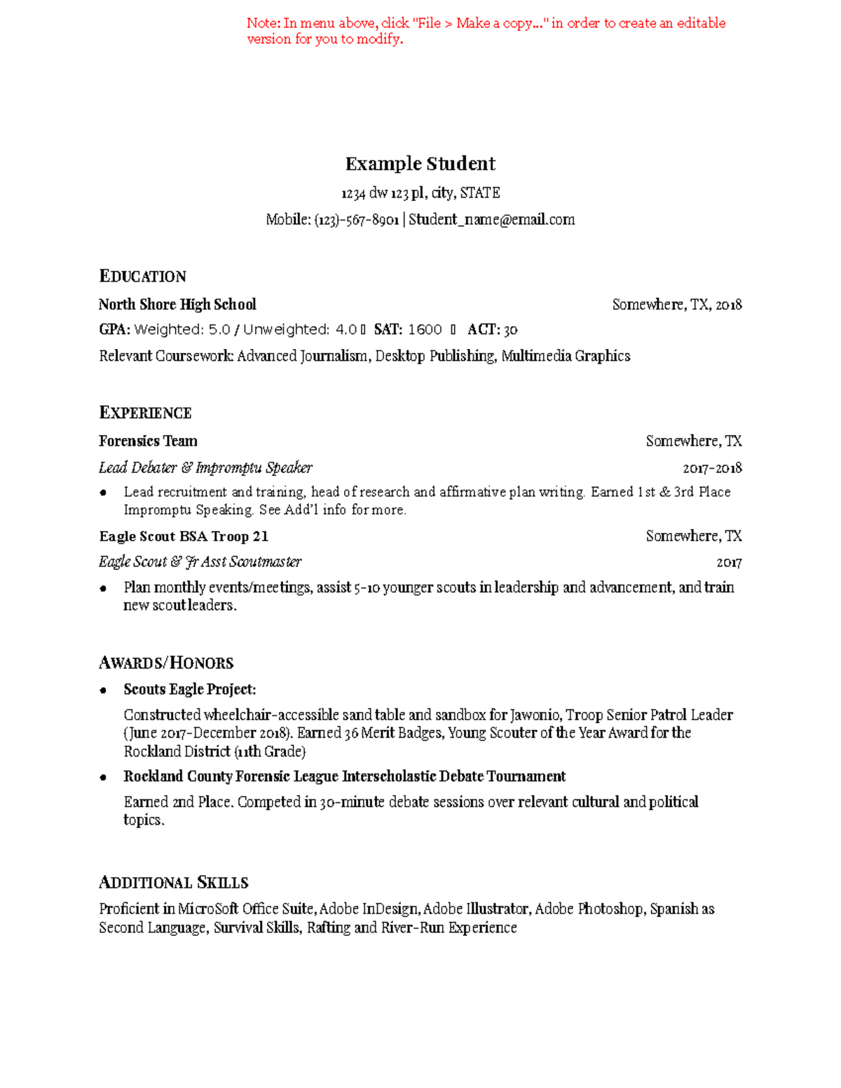 Example Resume Template #1 - Note: In menu above, click "File > Make a ...