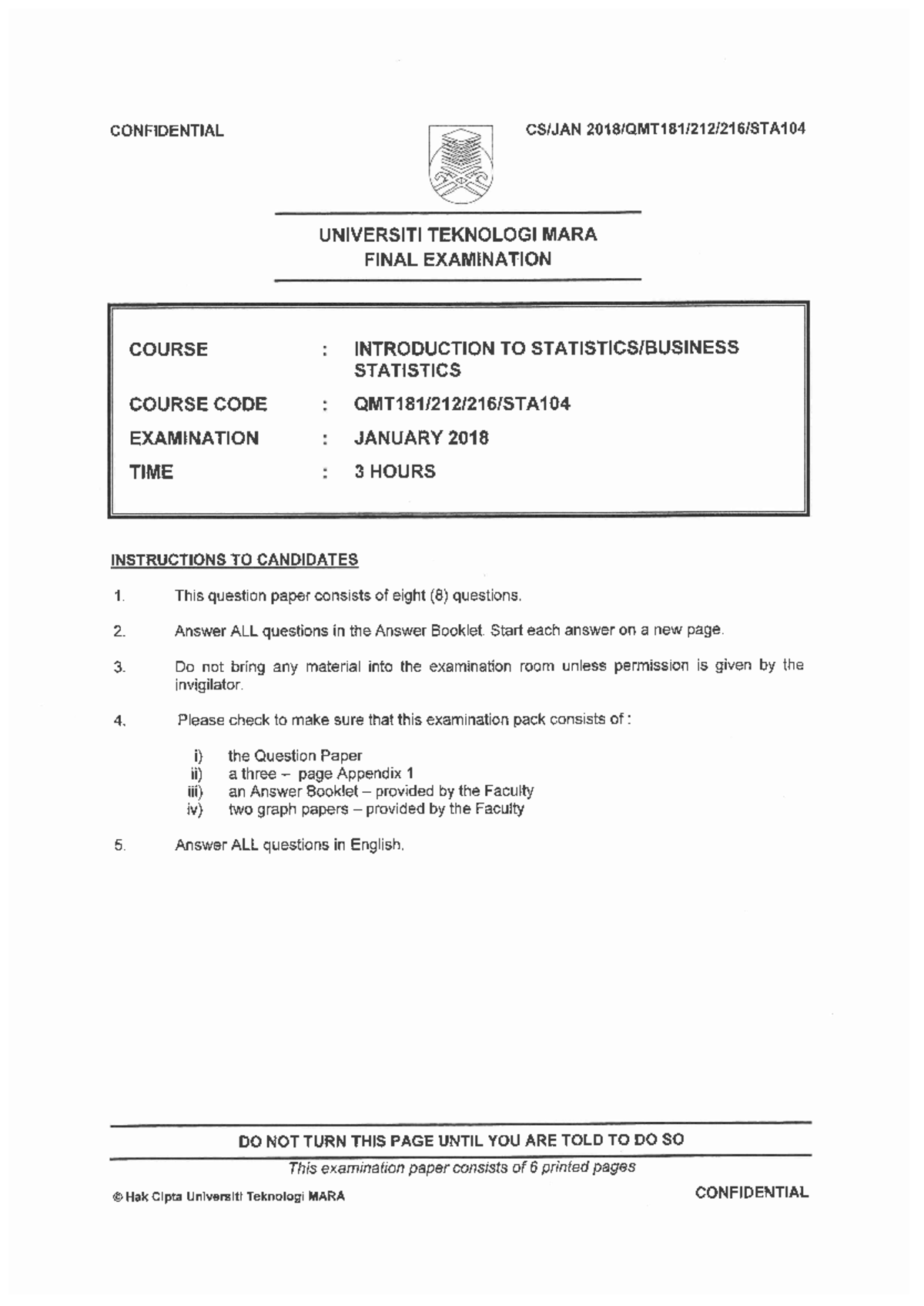 QMT181 212 216 STA104 JAN2018 - Introduction to Statistics - UiTM - Studocu