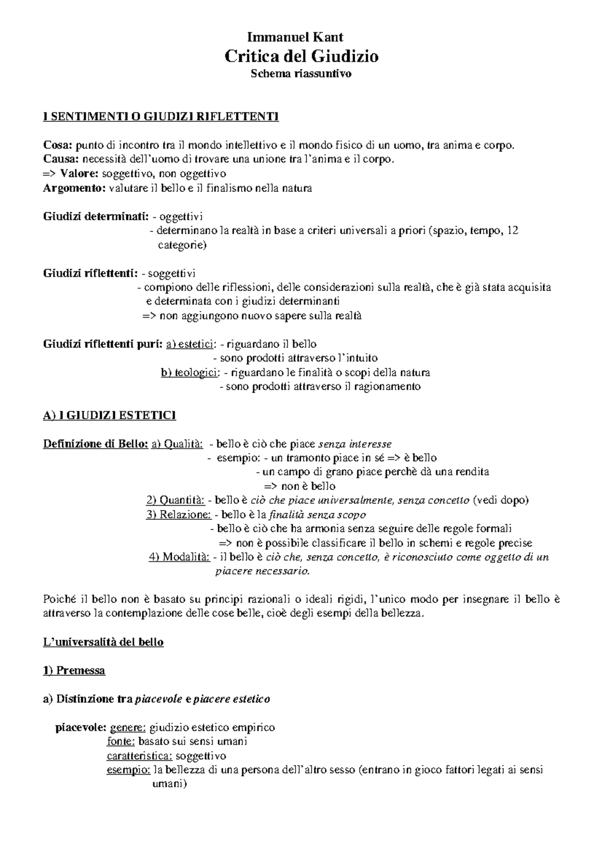 Kant Critica del Giudizio Schema riassuntivo - Immanuel Kant Critica ...