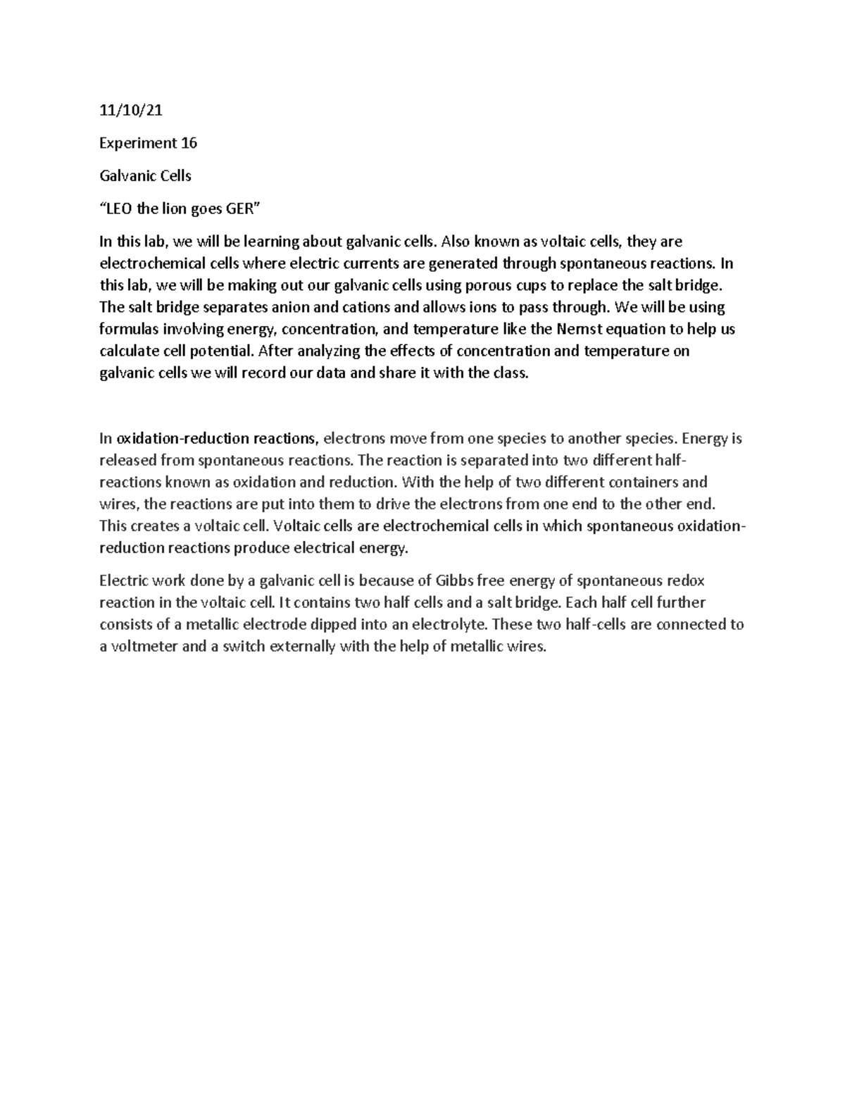 Experiment 16 Summary - 11/10/ Experiment 16 Galvanic Cells “LEO the ...