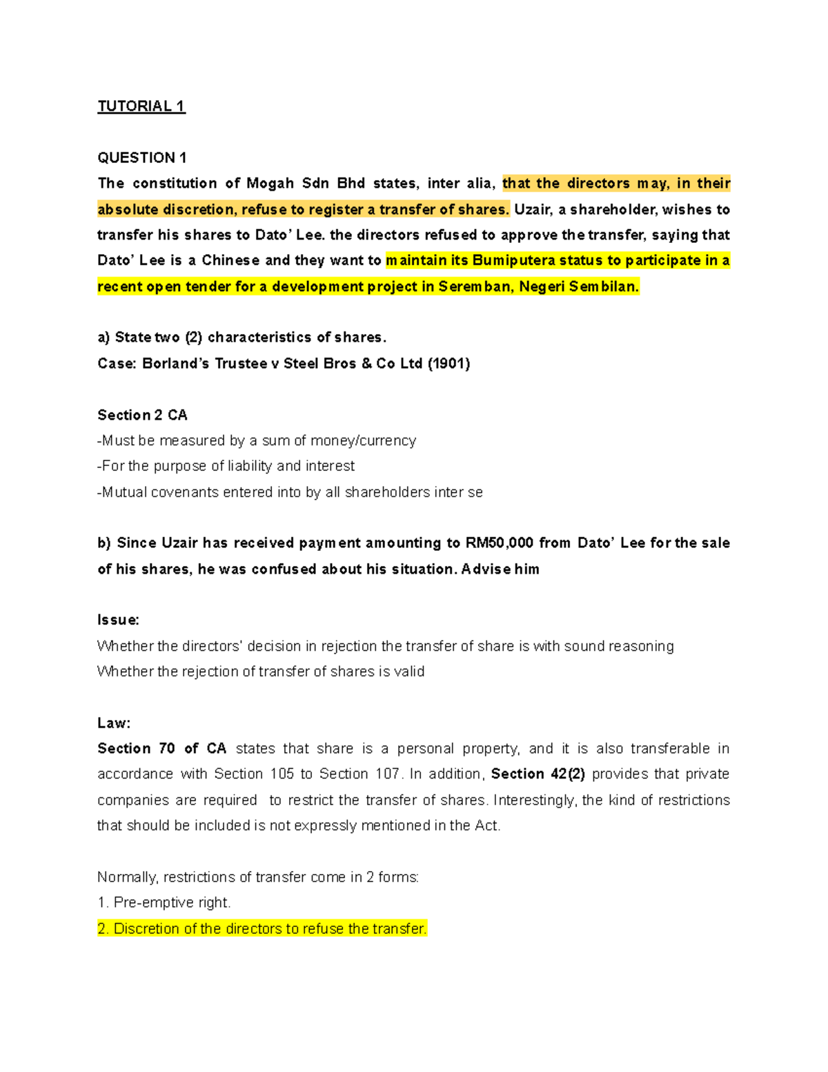 Tutorial association II - TUTORIAL 1 QUESTION 1 The constitution of ...