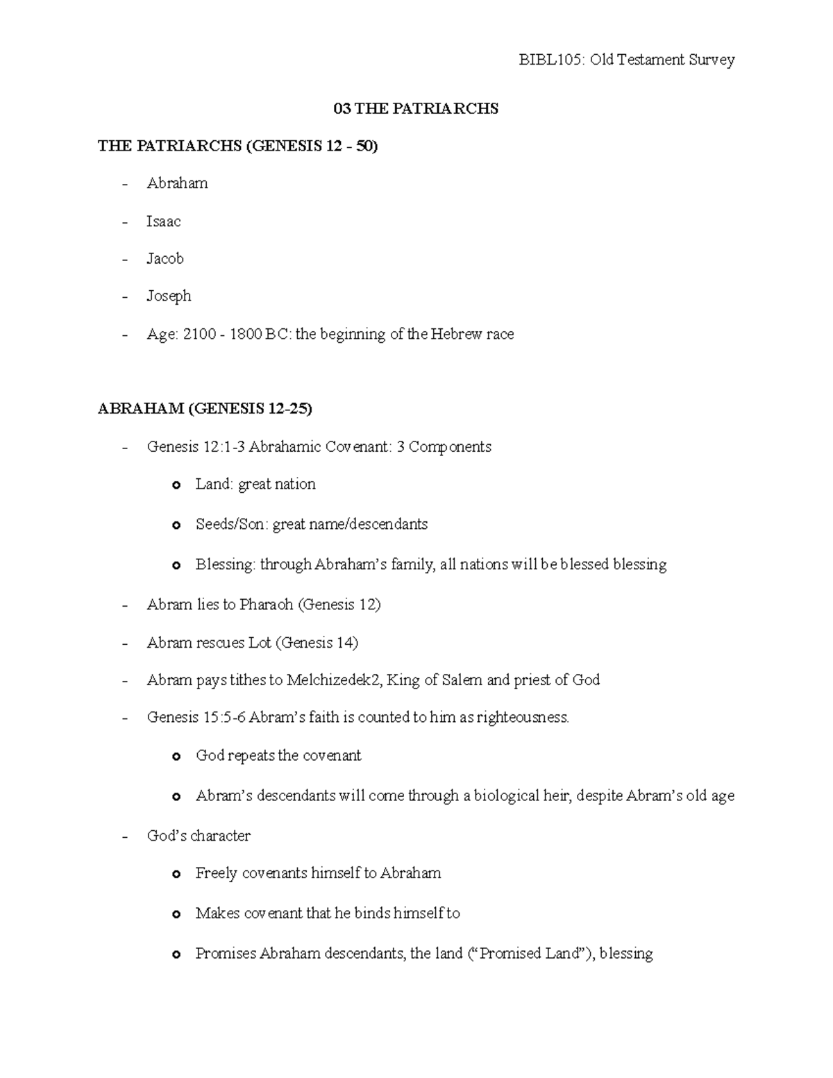Bible 105 - Patriarchs - Prof. Eunice Chung Lecture Notes - 03 THE ...