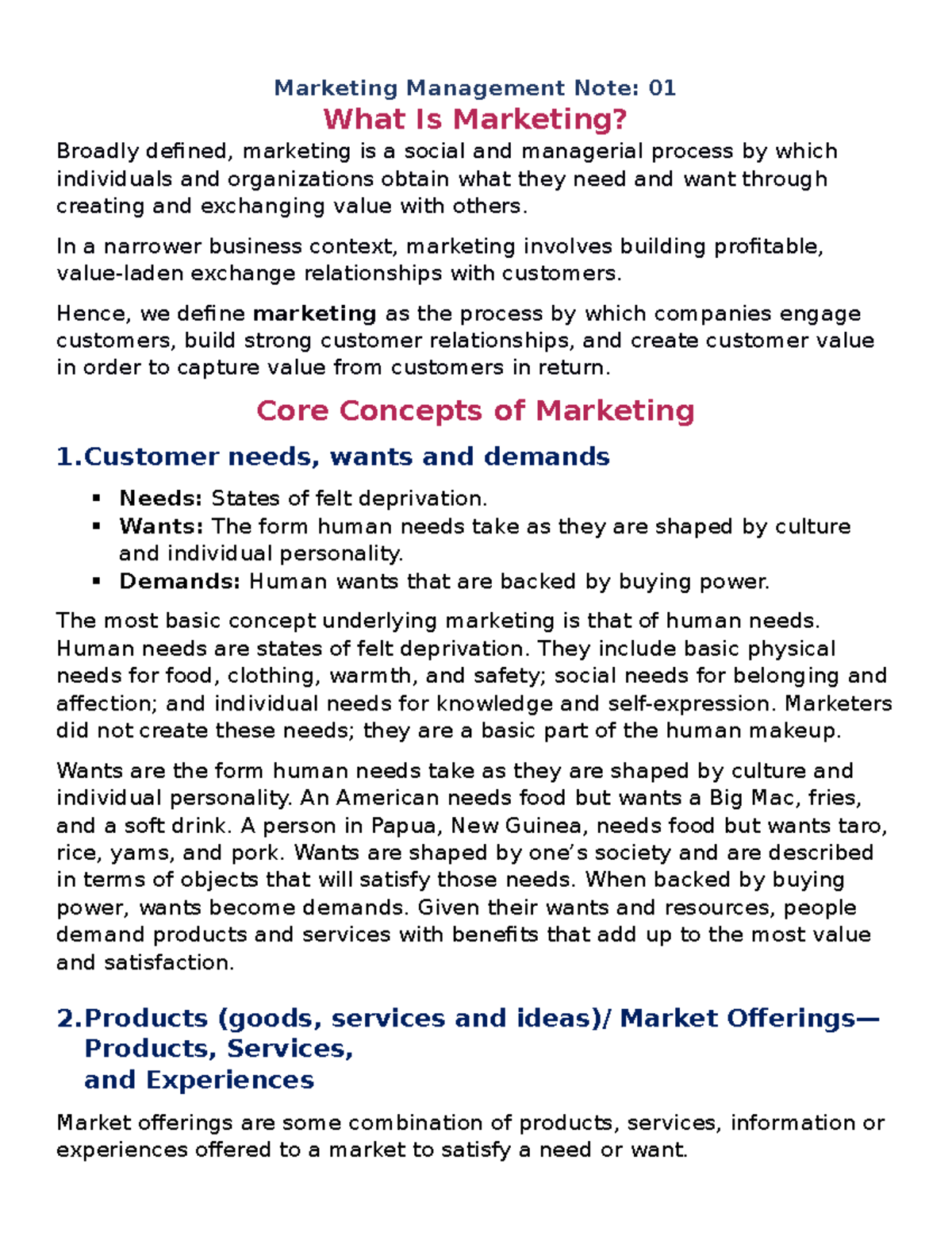 MM 1 - fffffffffffff - Marketing Management Note: 01 What Is Marketing ...