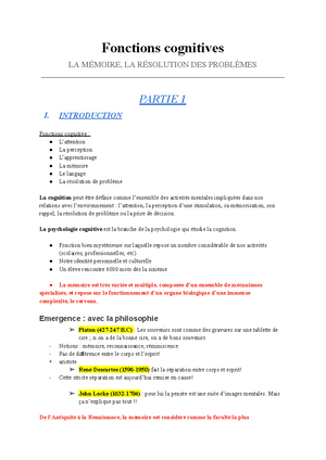 Fonction Cognitive - Séance 1 : 13/01/ PSYCHOLOGIE COGNITIVE Fonctions ...