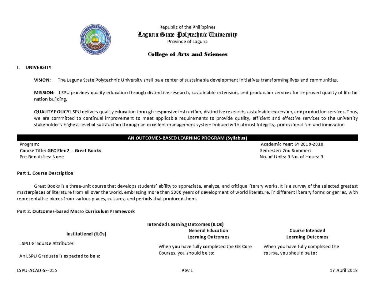 GEC ELEC 2 Great Books - Republic of the Philippines Laguna State ...