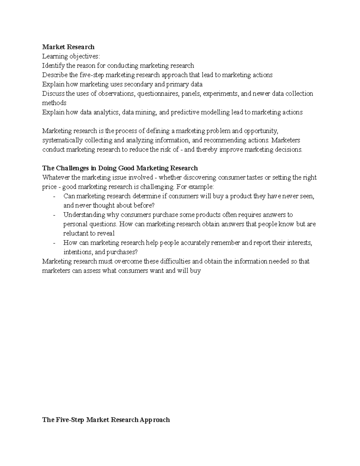 (MKT) Chapter 4 - Market Research Learning objectives: Identify the ...