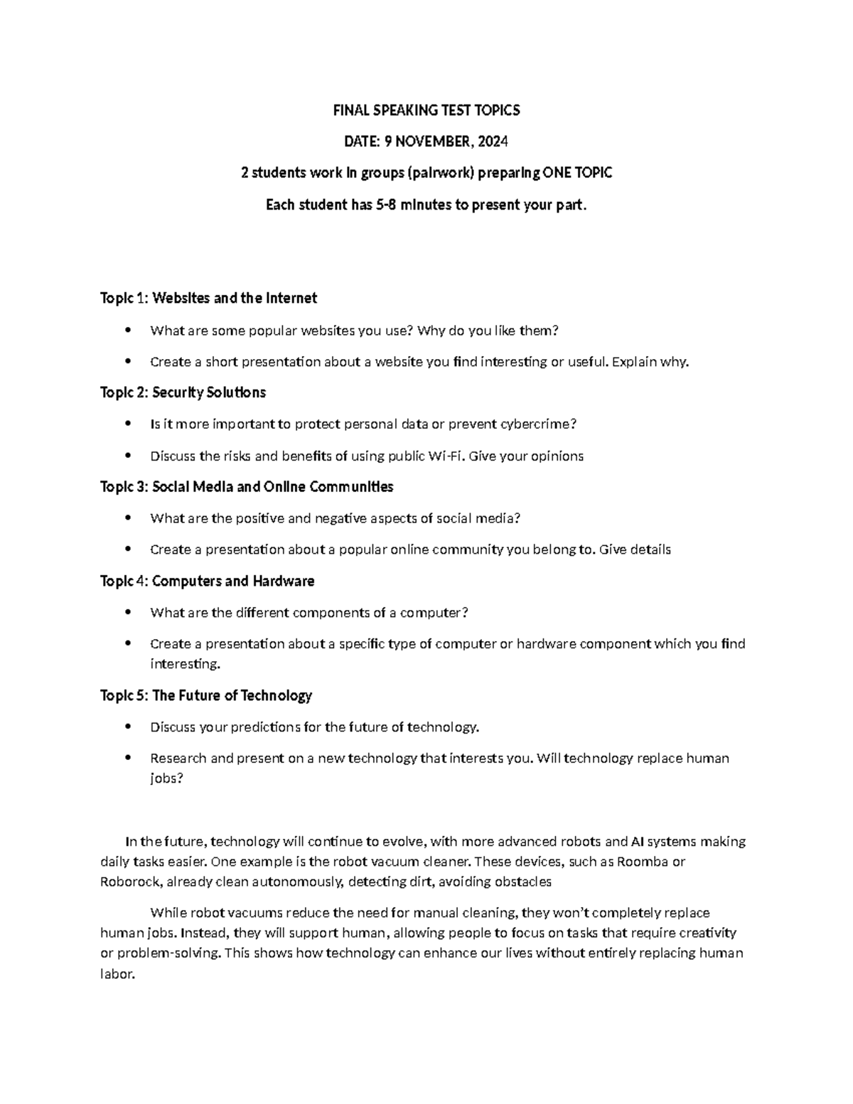 Speaking Topics - FINAL SPEAKING TEST TOPICS DATE: 9 NOVEMBER, 2024 2 ...