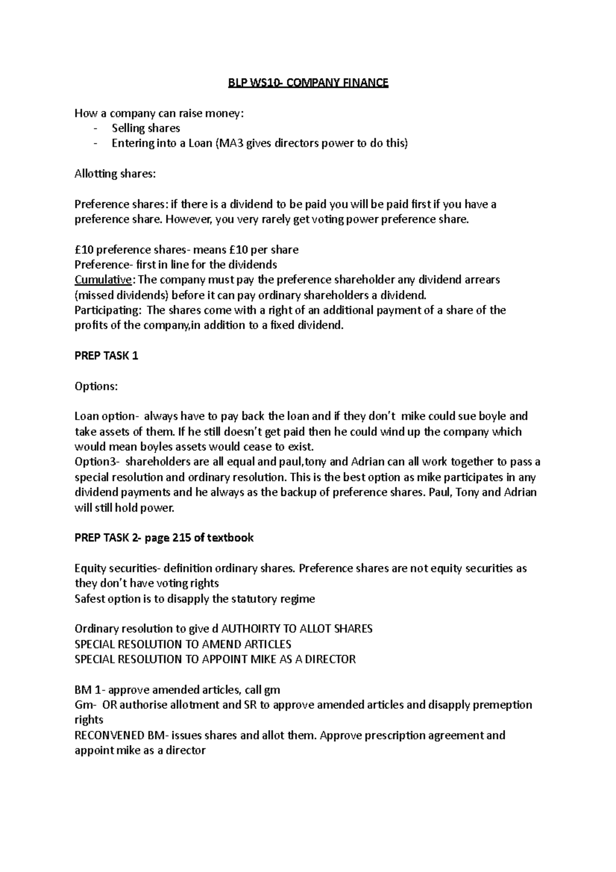 BLP WORKSHOP 10 NOTES - BLP WS10- COMPANY FINANCE How a company can ...