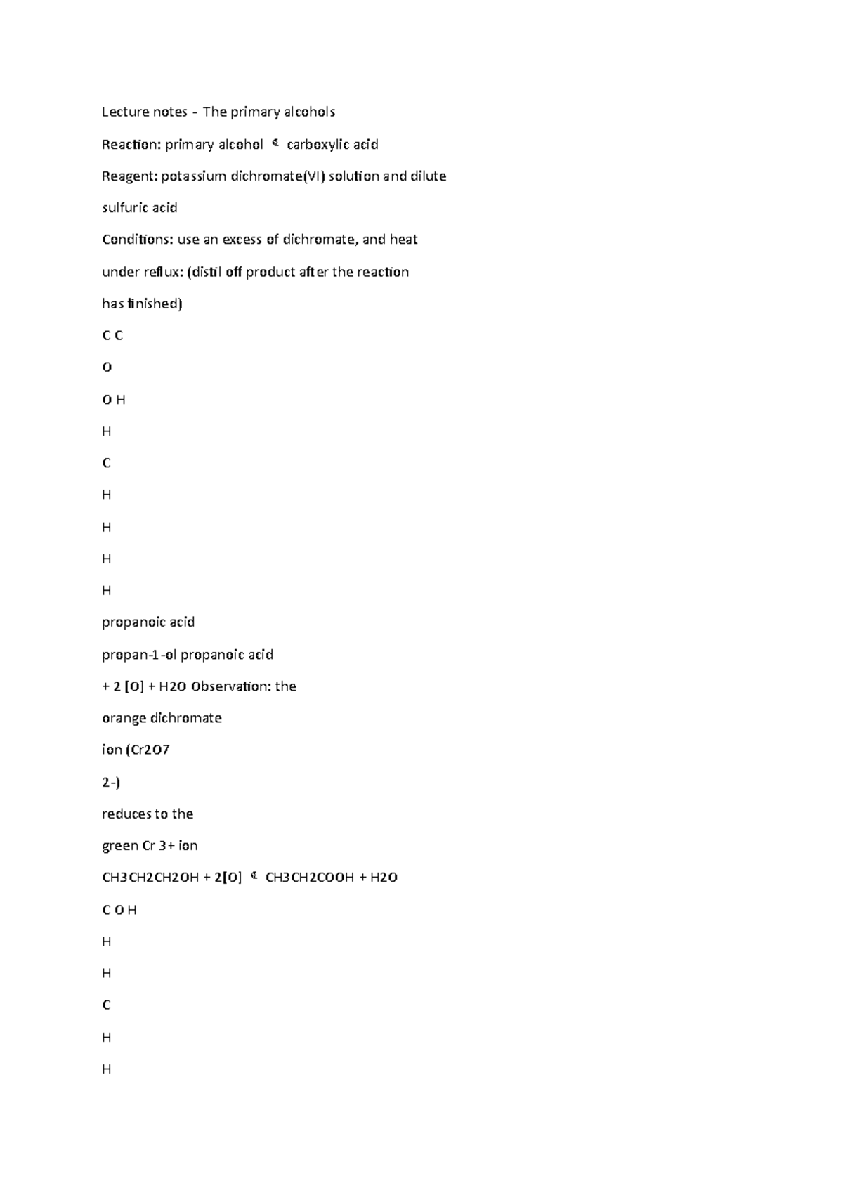 Lecture notes - The primary alcohols - Lecture notes - The primary ...