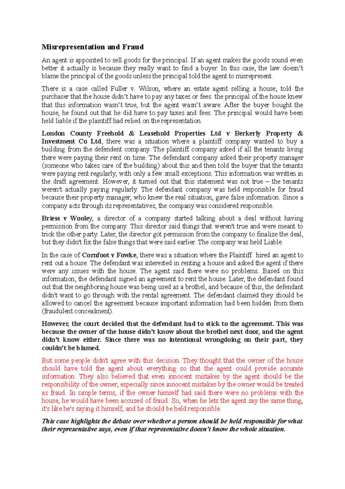 law of contracts- agency notes - Misrepresentation and Fraud An agent ...