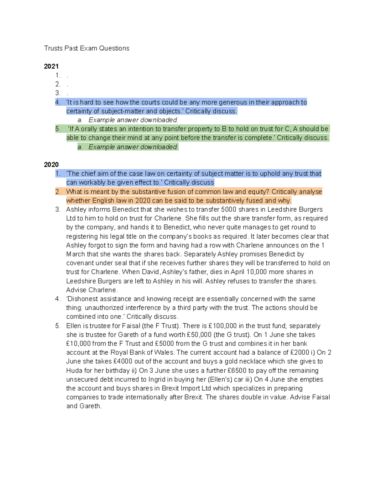 Trusts Past Exam Questions - Trusts Past Exam Questions 2021 1.. 2.. 3 ...